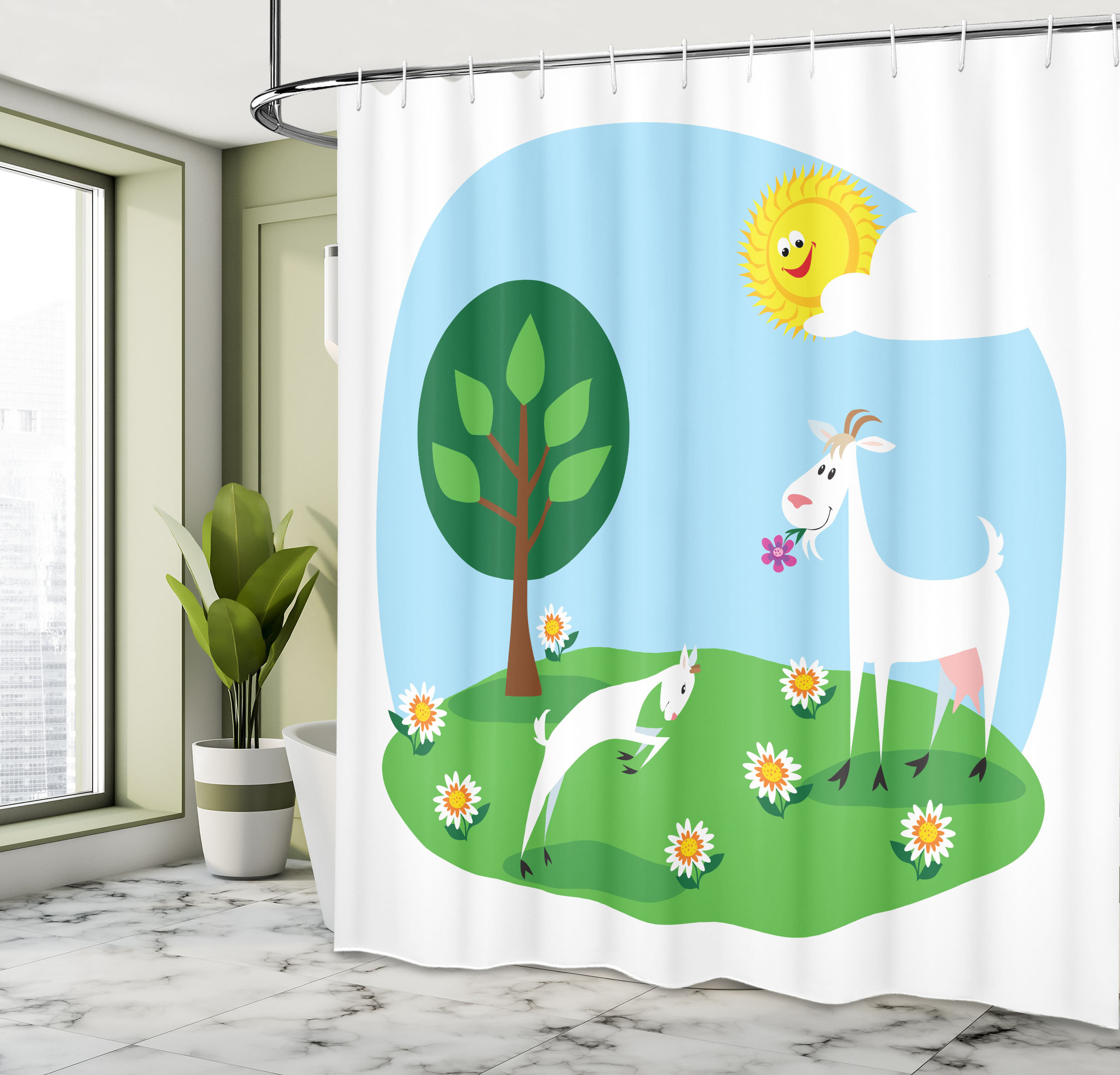 East Urban Home Goat Shower Curtain Goat Playing Meadow Multicolor ...