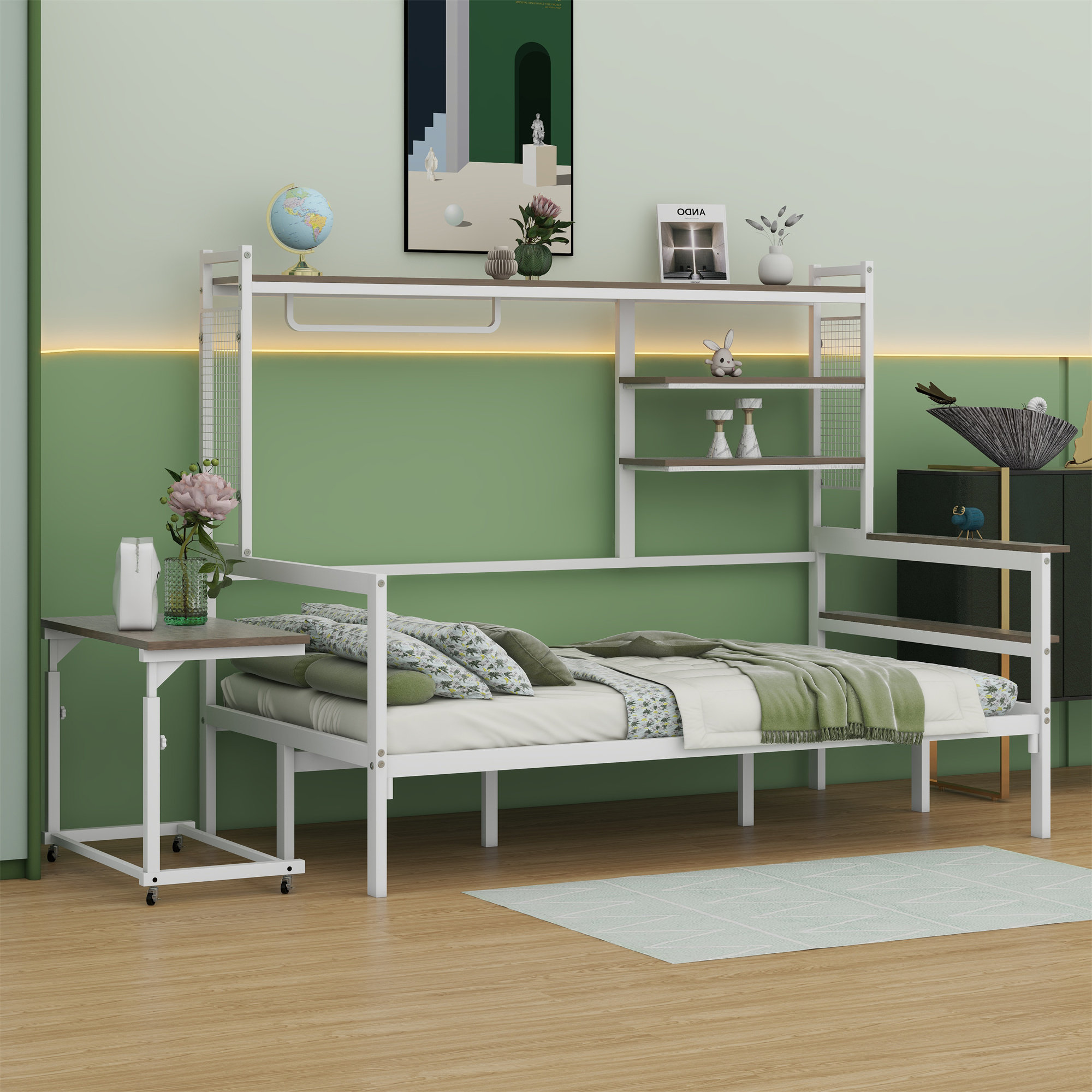 17 Stories Metal Daybed With Movable Desk, Metal Grid, Shelves And ...