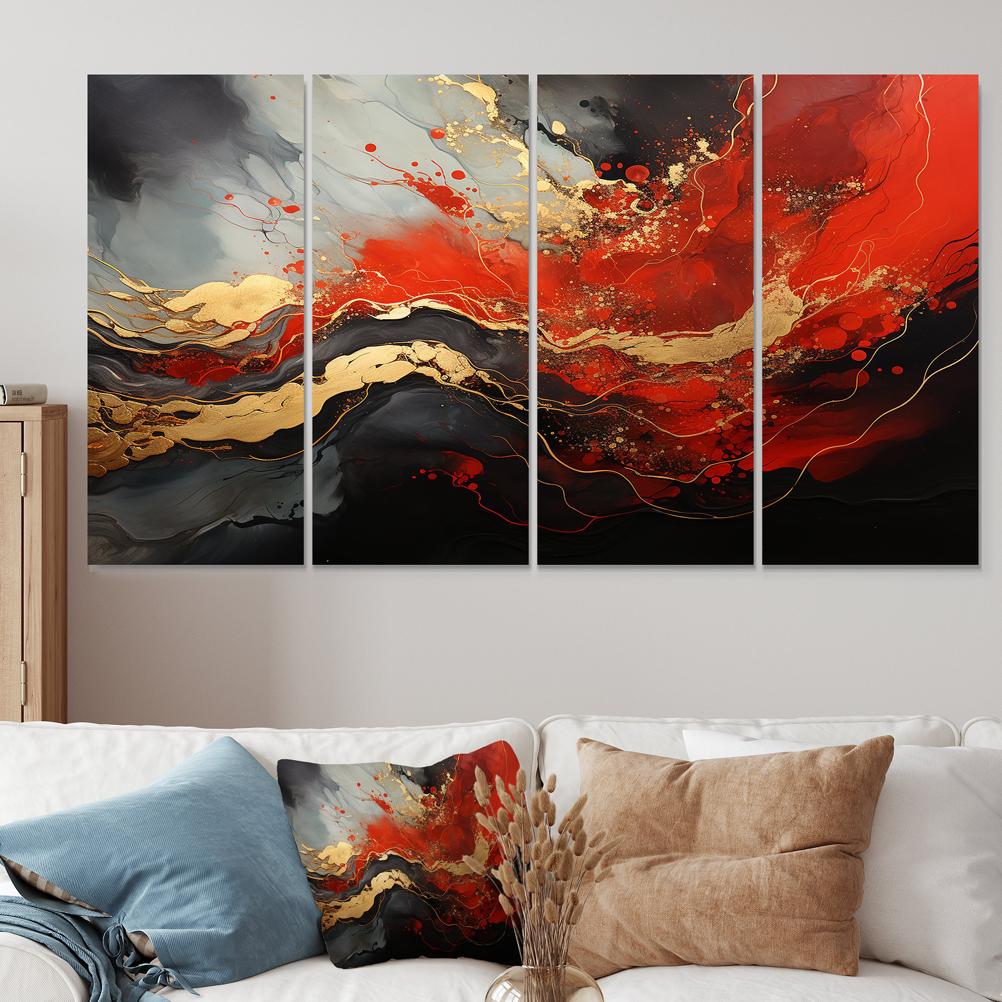 Wrought Studio Red And Gold Marble Fire I - Abstract Painting 4 Piece ...