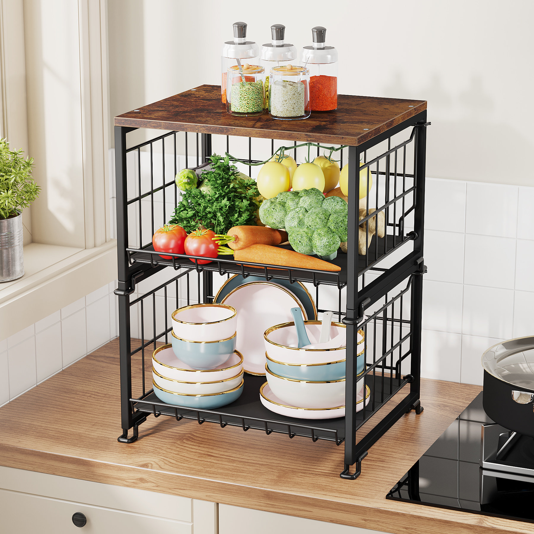 17 Stories 2-Tier Metal Wire Fruit And Vegetable Counter Basket With ...