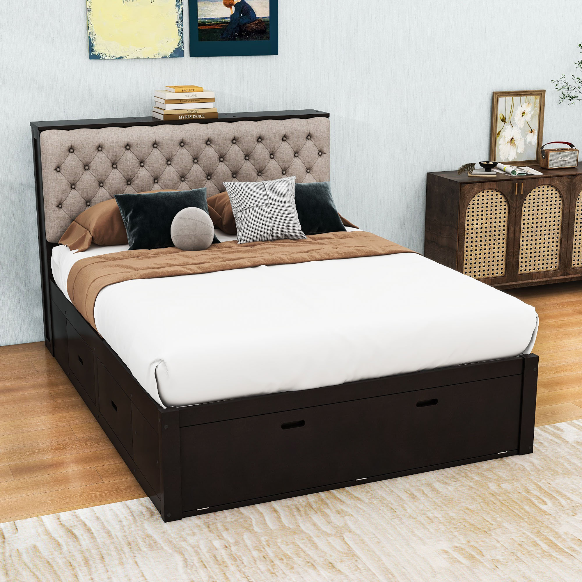 Lark Manor™ Queen Size Wooden Platform Bed with Built-in Storage ...
