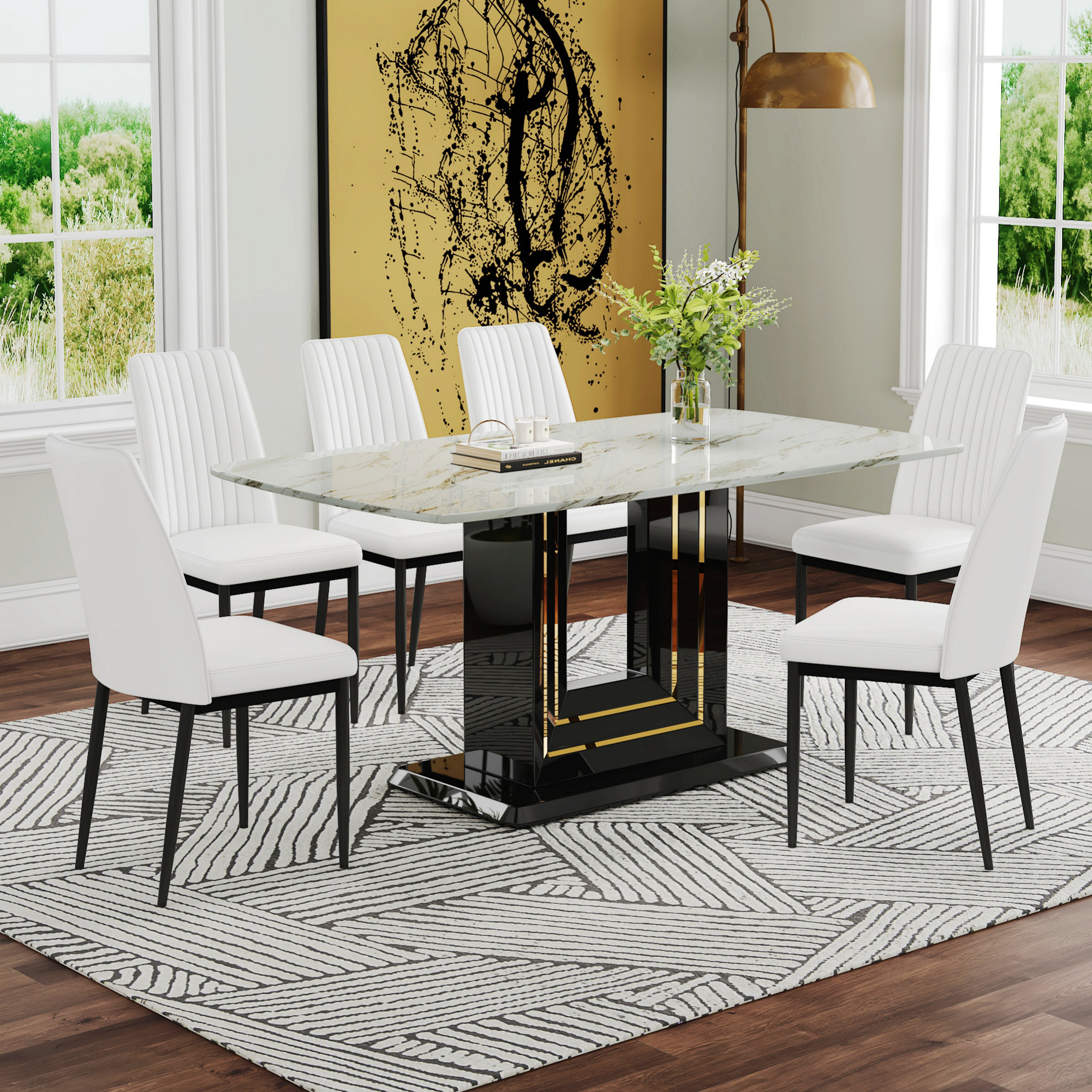 Mercer41 7-Piece Dining Table Set, Faux Marble Kitchen Table with U ...