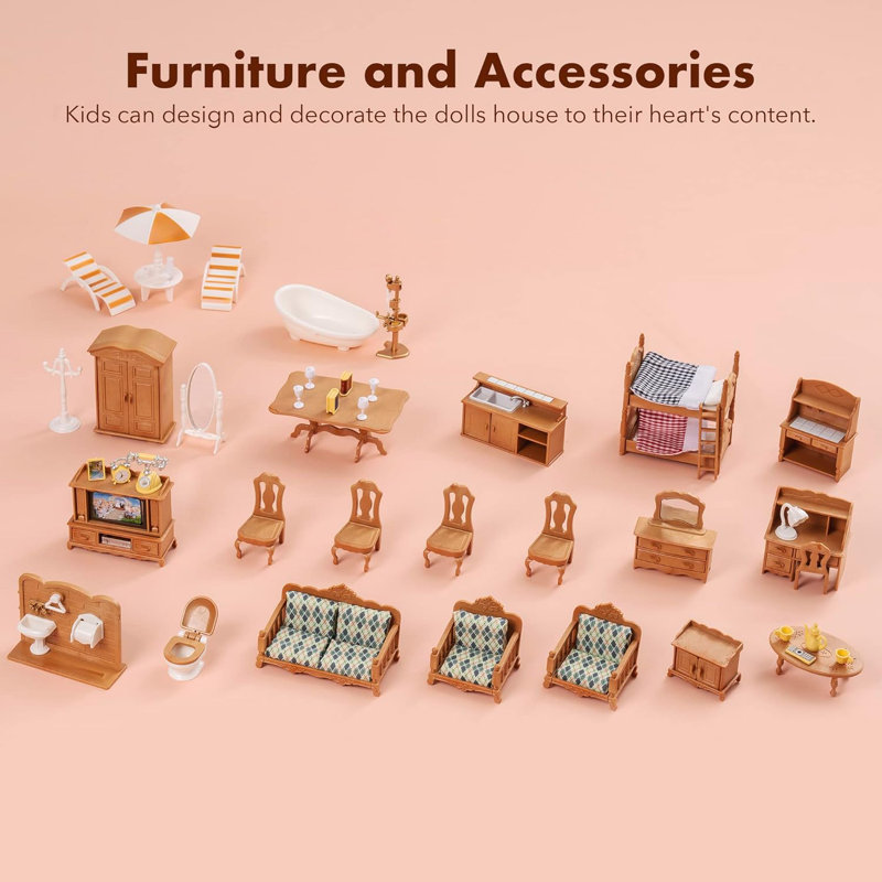 ROFITALL Large Vintage Wooden Dollhouse For Kids With Furniture ...