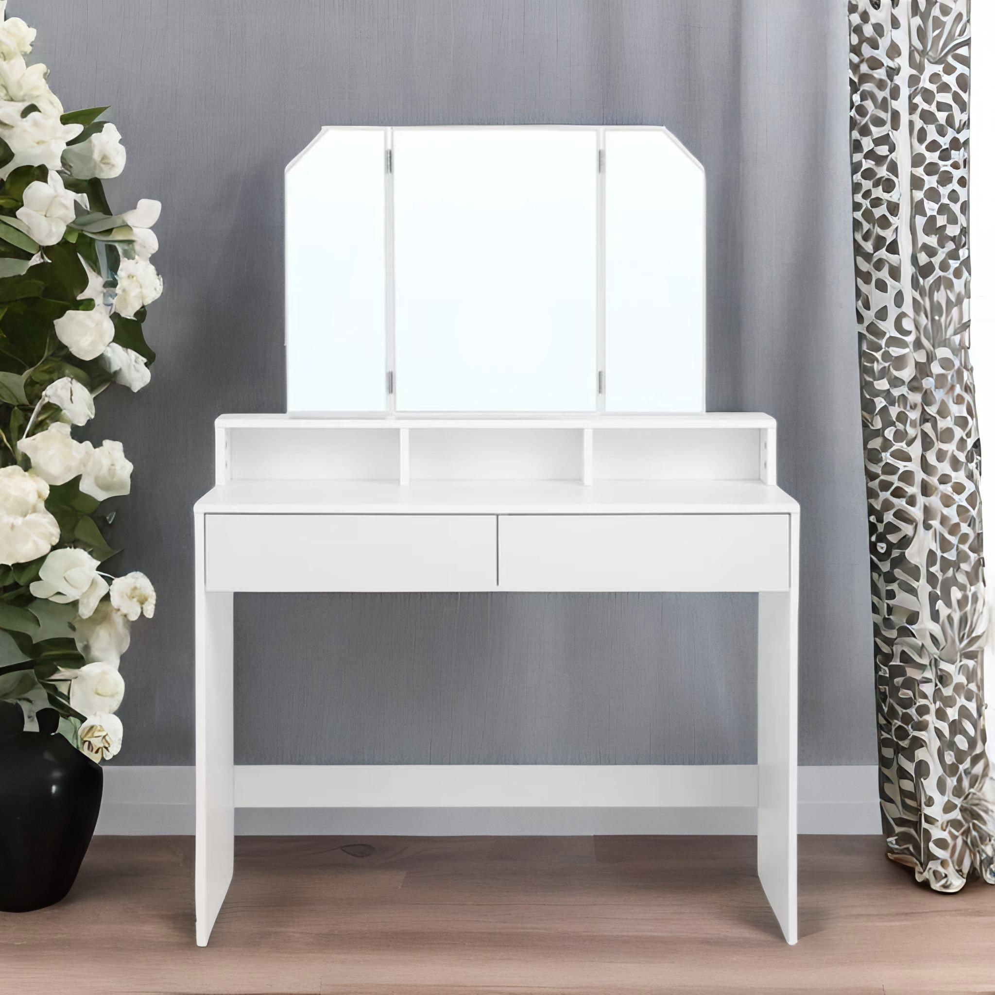 Rafaelo Mobilia 2 Drawer Dressing Table With Tri-Fold Mirror White ...