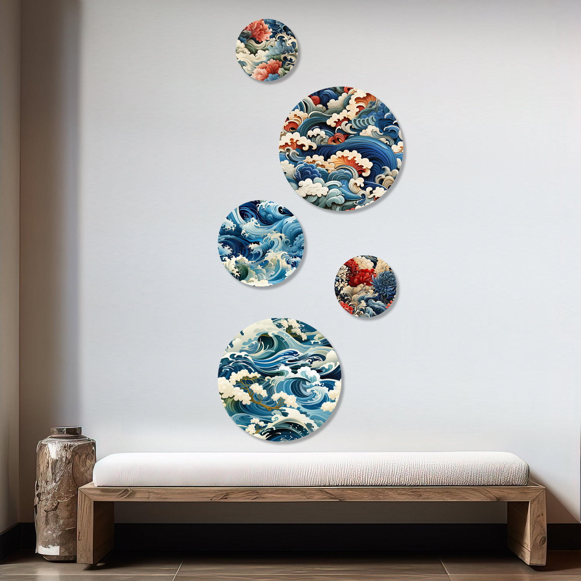 Design Art Water Elements - Abstract Coastal Round Wall Art Set Of 5 ...