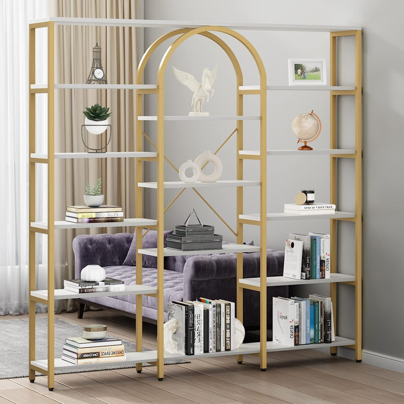 Mercer41 Doraine Triple Wide Gold Bookshelf, 70.87" W x 71.34" H Large ...