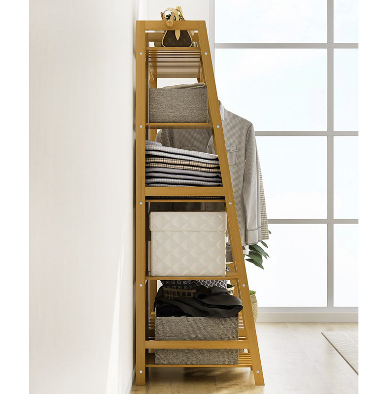 Rebrilliant Bamboo Deluxe Clothing Shelf with Hanging Rods and Storage ...