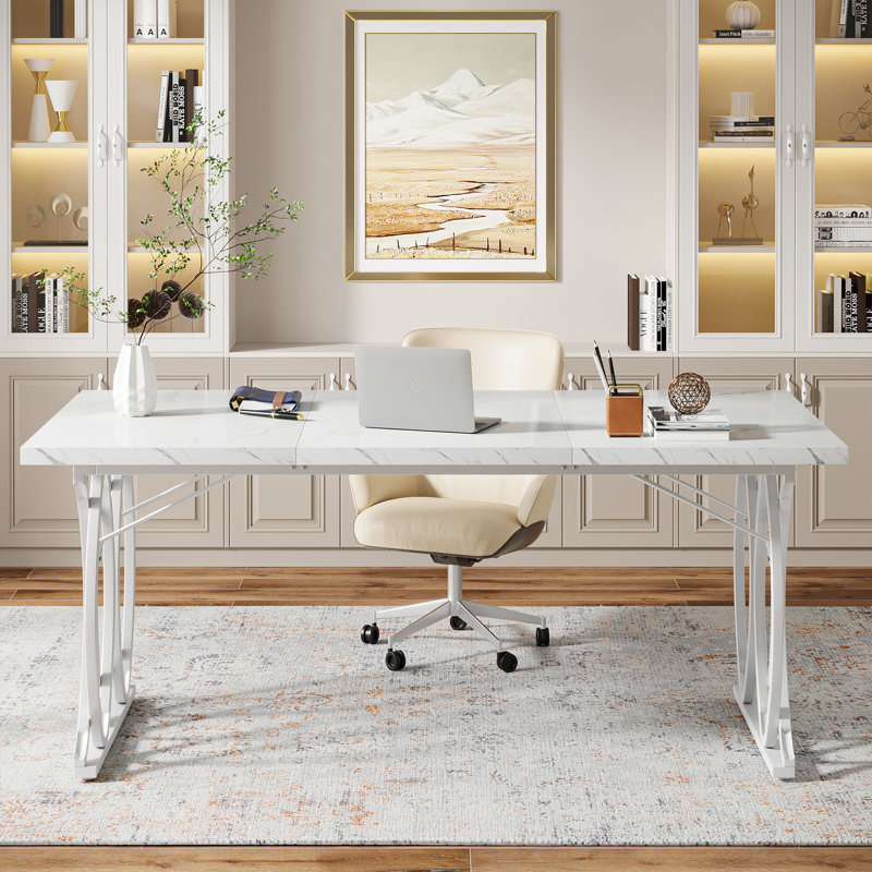 Mercer41 Rielee Marble Look Top Metal Base Executive Desk | Wayfair