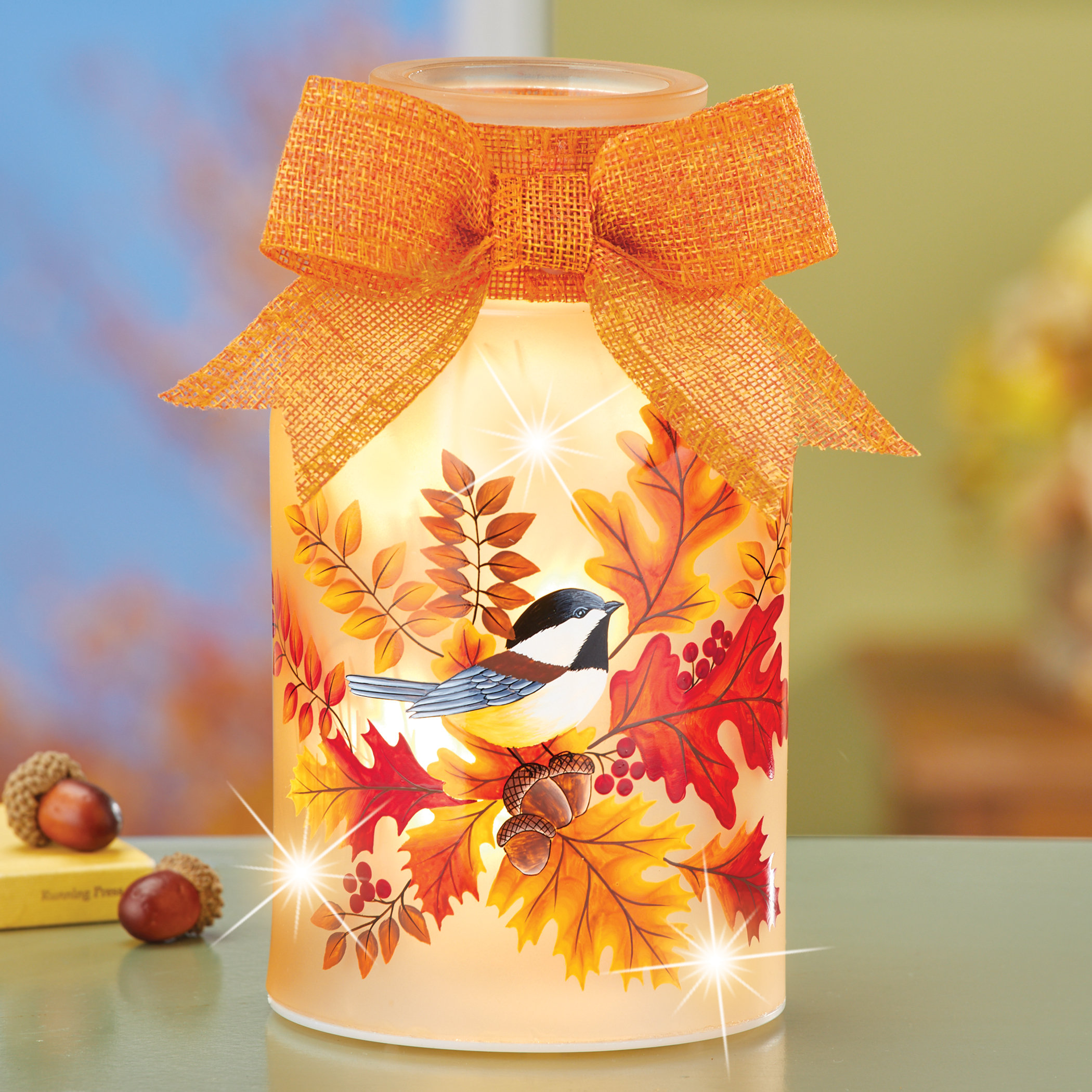The Holiday Aisle® LED Lighted Fall Harvest Chickadee Mason Jar Lamp ...