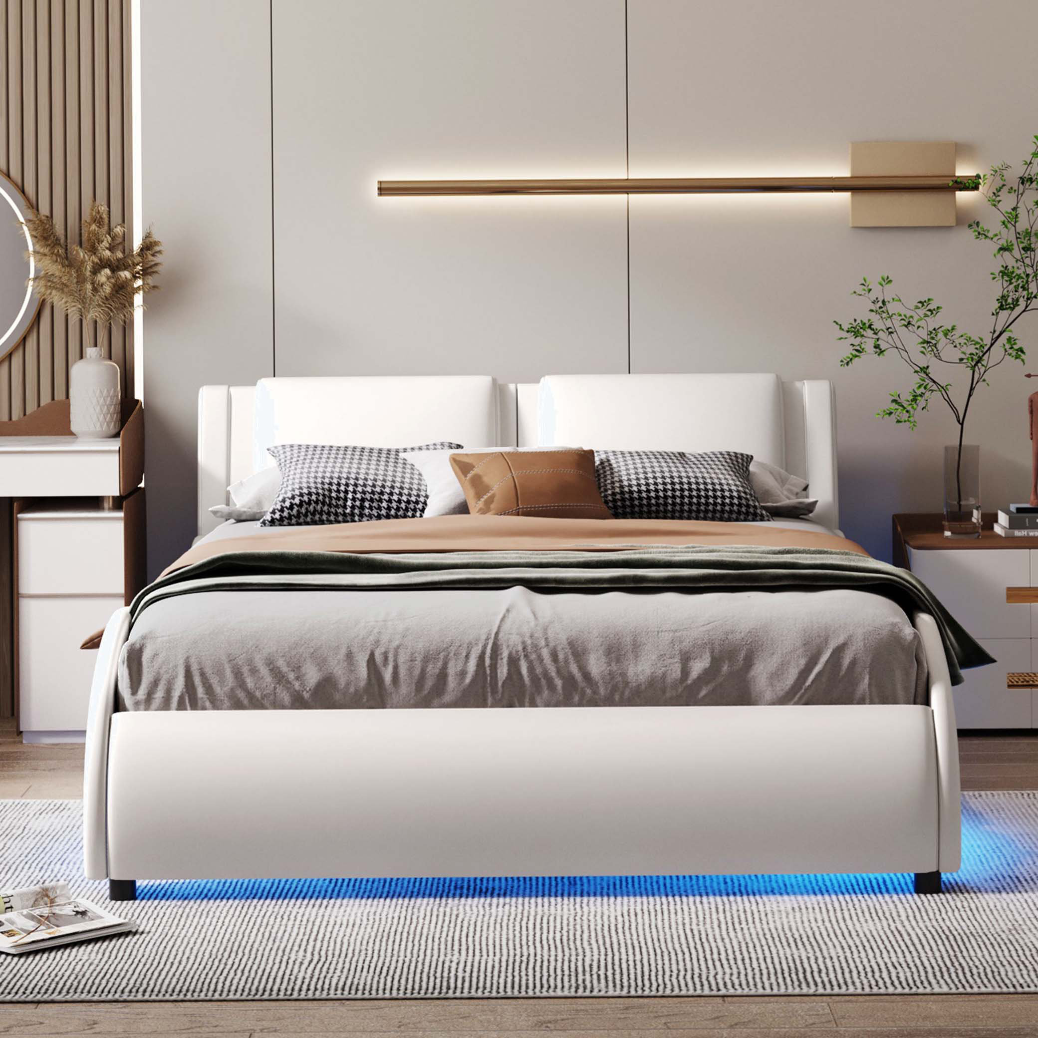 Brayden Studio Upholstered Faux Leather Platform Bed with LED Light Bed ...