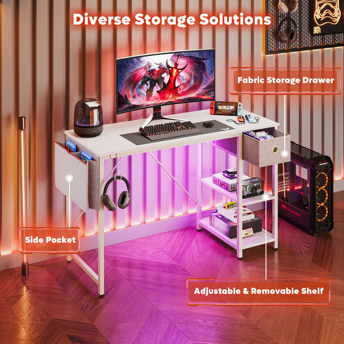 Wrought Studio™ 47 Inch Gaming Desk with LED Lights Small Computer ...