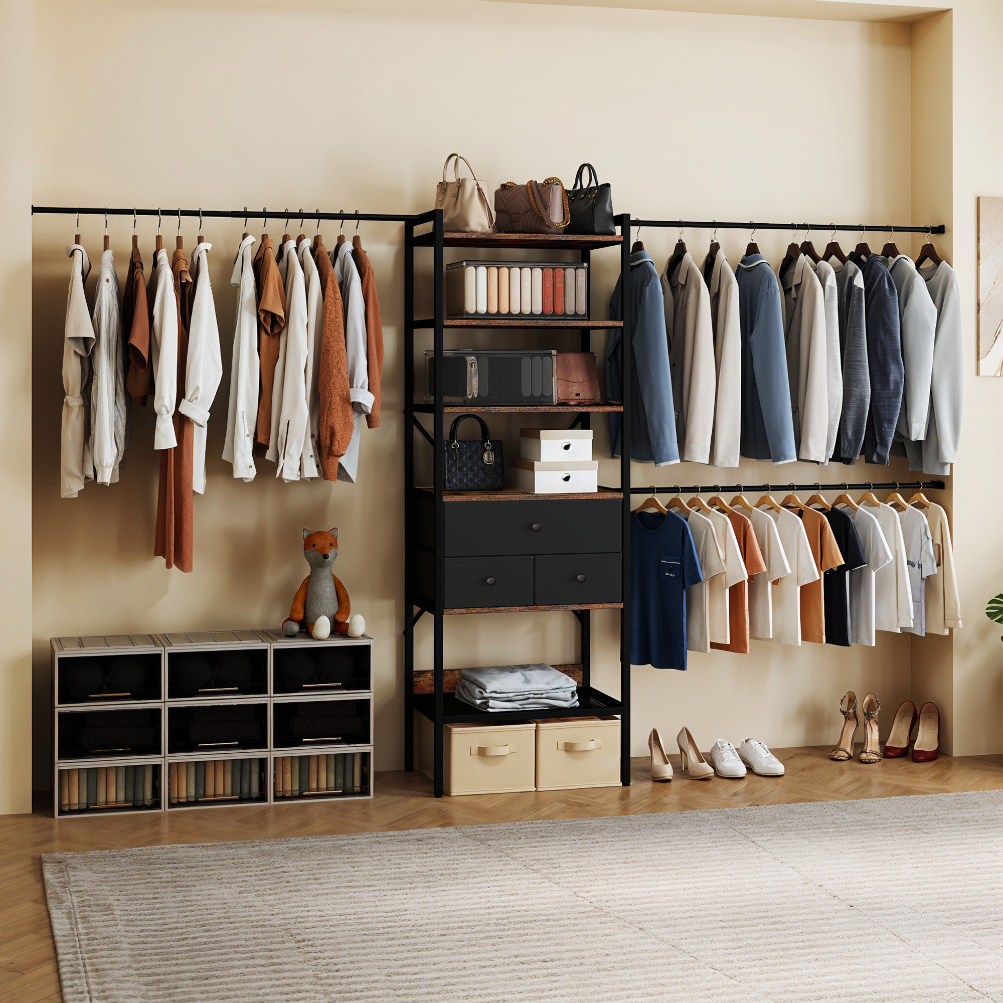 17 Stories Heavy-Duty Closet Organizer with Shelves, Hanger Rods, and ...