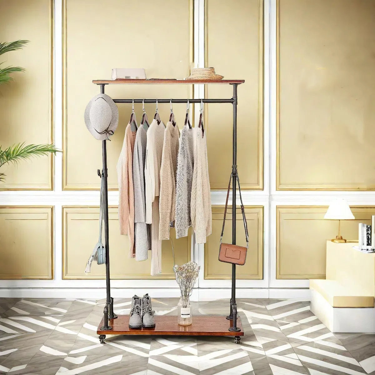 Williston Forge Industrial Pipe Clothing Rack On Wheels, Rolling Iron ...