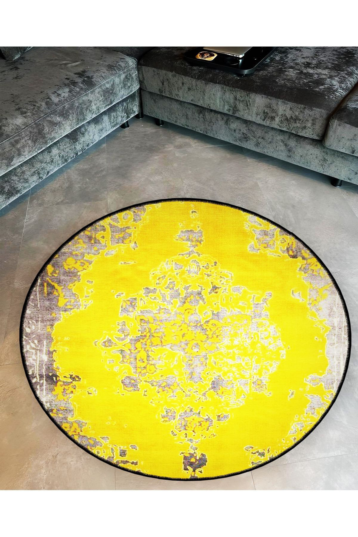 Hokku Designs Yellow Themed Traditional Motif Round Woven Base Vintage ...