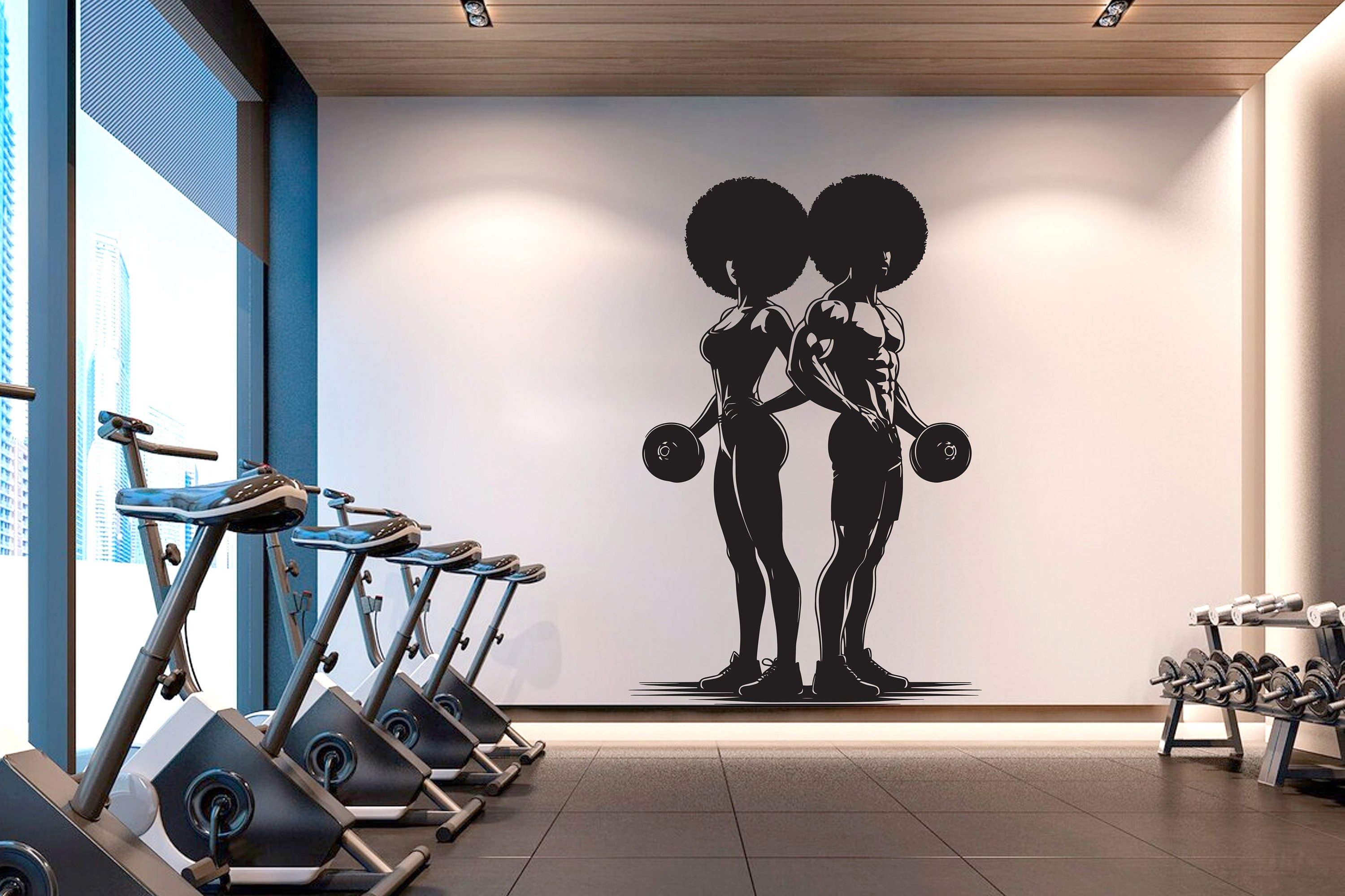 Red Barrel Studio® Couple Afro Gym Wall Decal Fitness Wall Art Decor ...