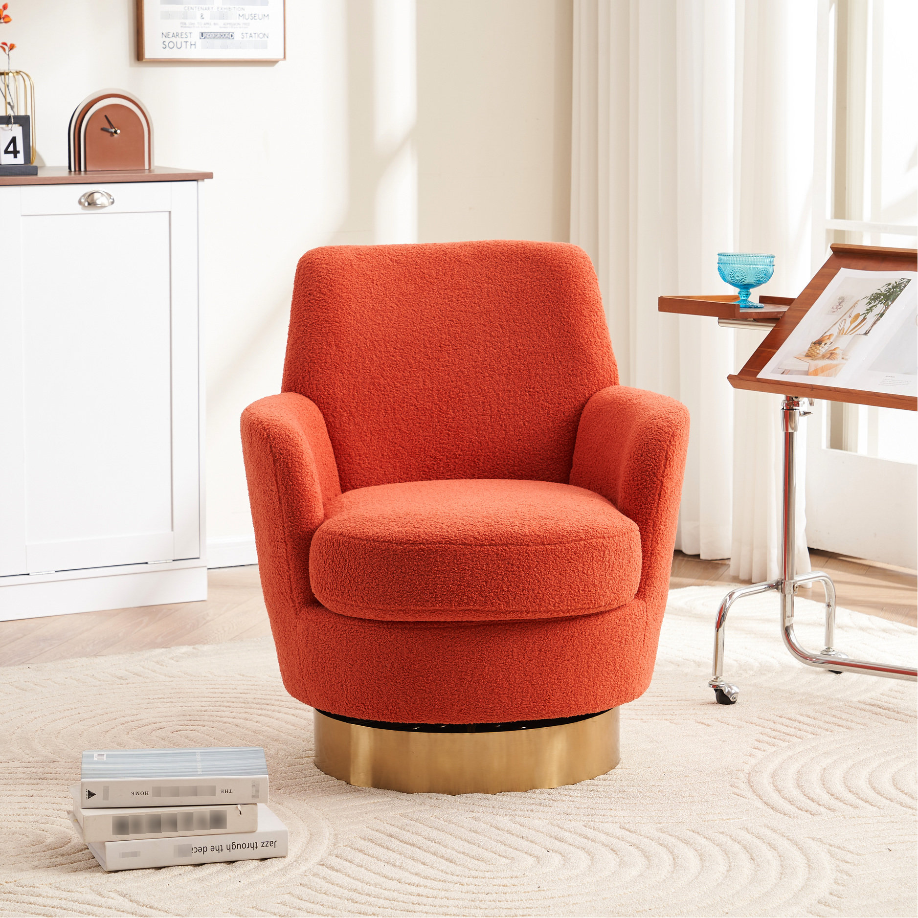 George Oliver 360-Degree Rotating Armchair - Orange Velvet For Bedroom ...