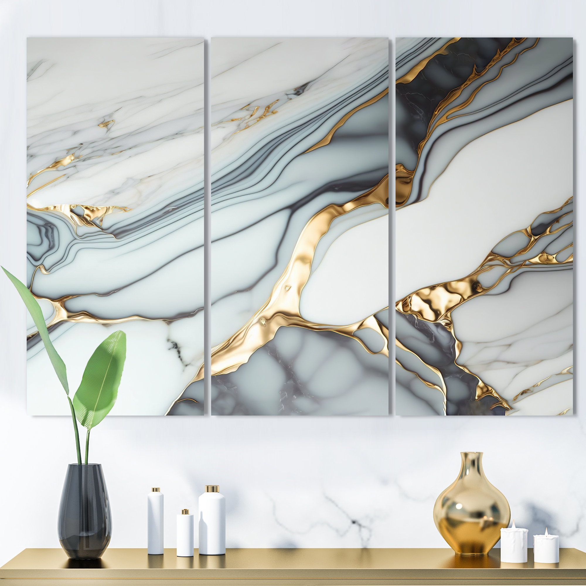 Design Art Abstract Geode Gold And White Marble V - 3 Piece Print on ...