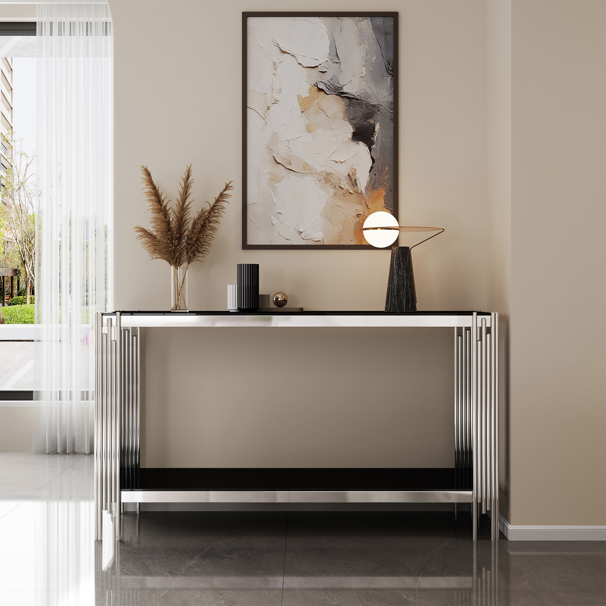 Everly Quinn Modern Glass Console Table, 55" Gold Sofa Table With ...