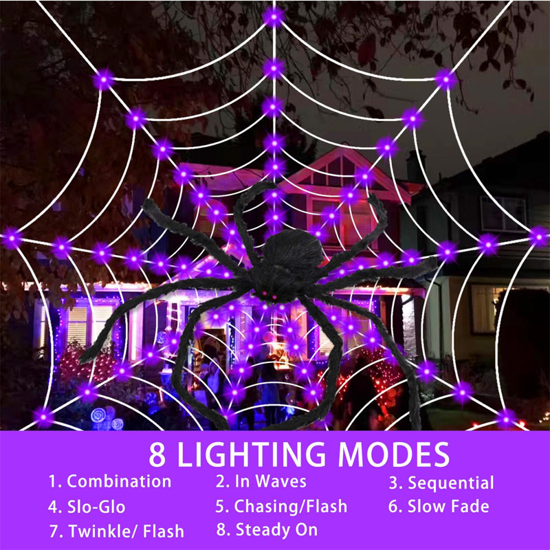 The Holiday Aisle® 9FT Diameter Spider Web Lights With Black 4FT Spider ...