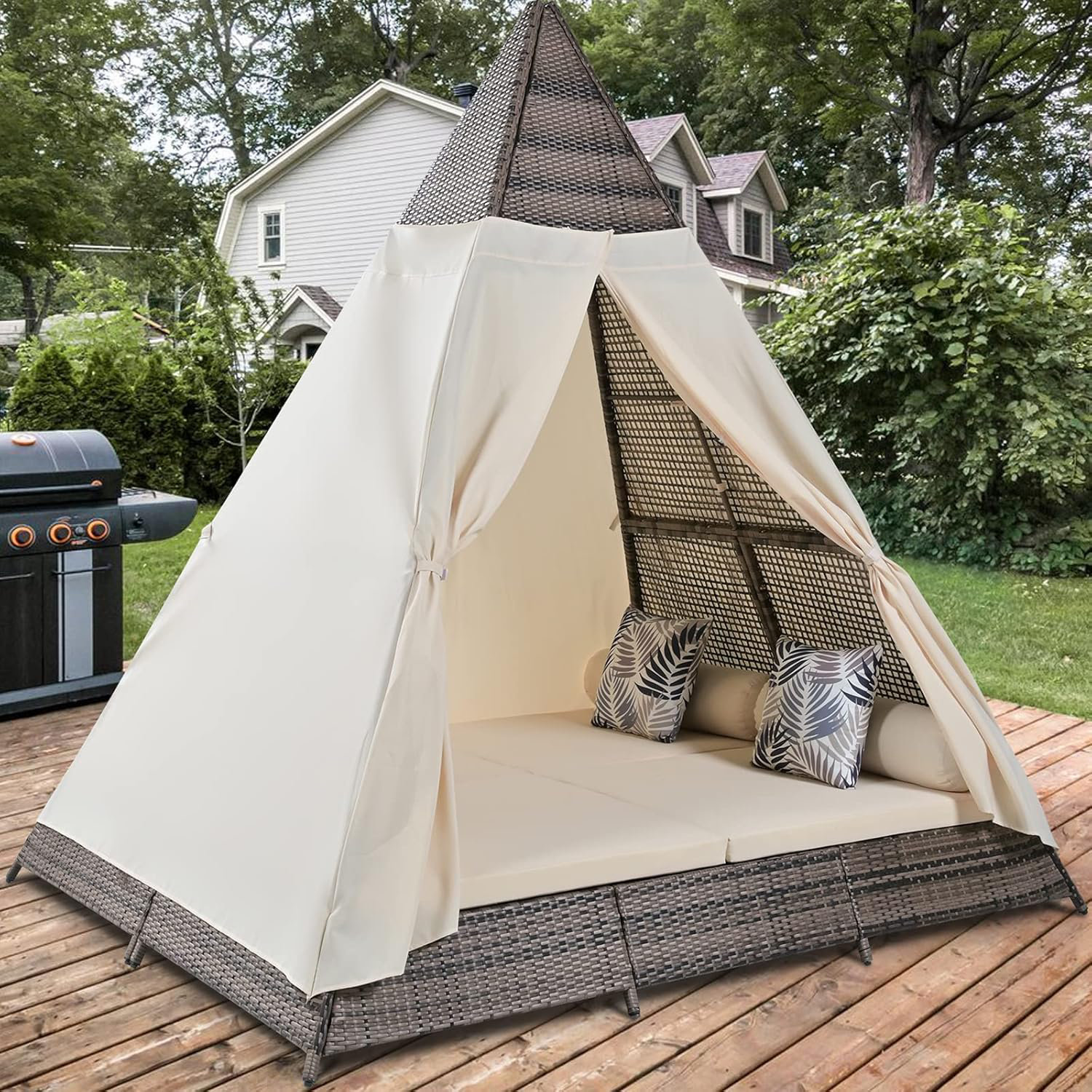 Arlmont & Co. Luxury Rattan Canopy Daybed With Adjustable Feet, Privacy ...