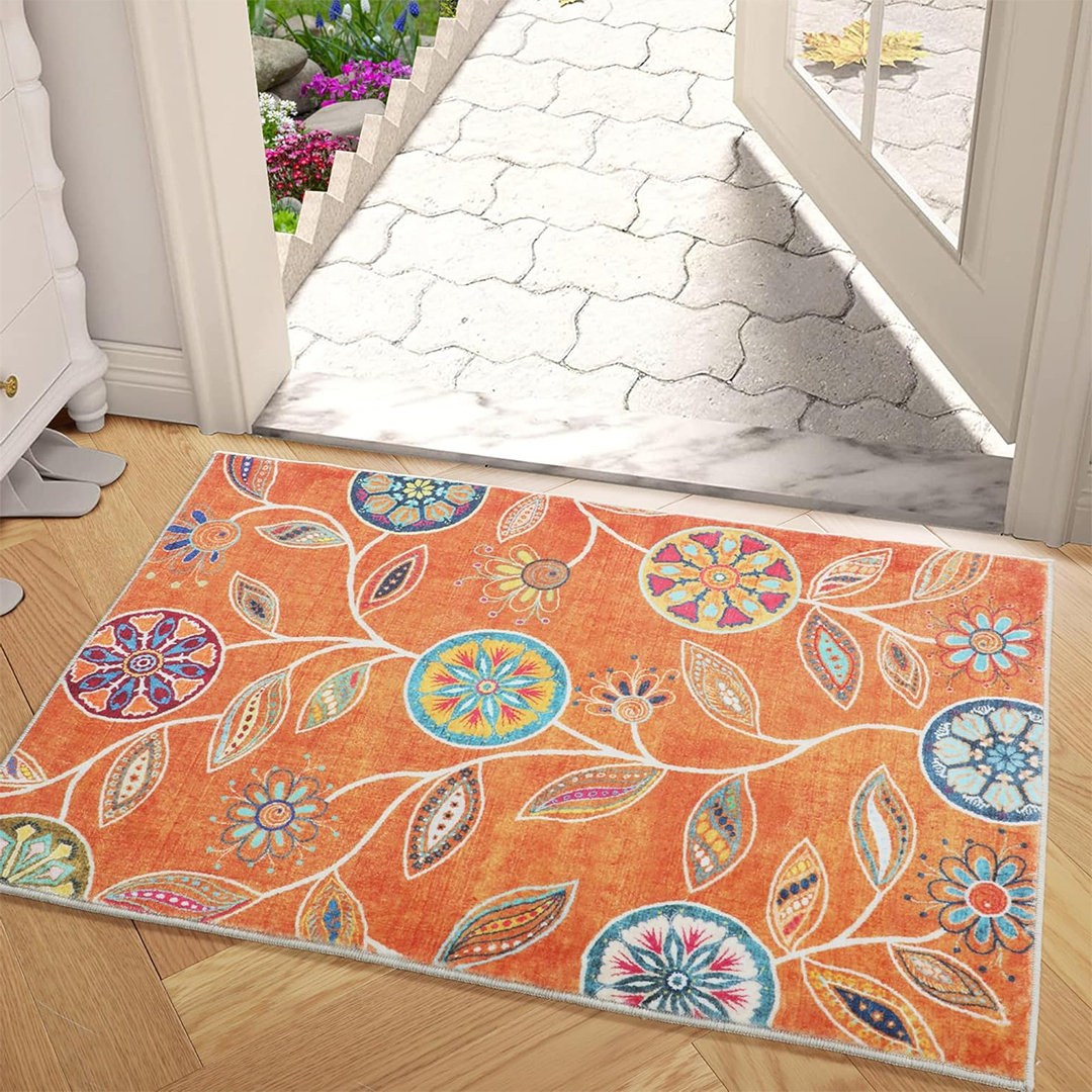 Isabelline Orange Machine Washable Kitchen Sink Rug, 2'x3' Entryway Rug ...