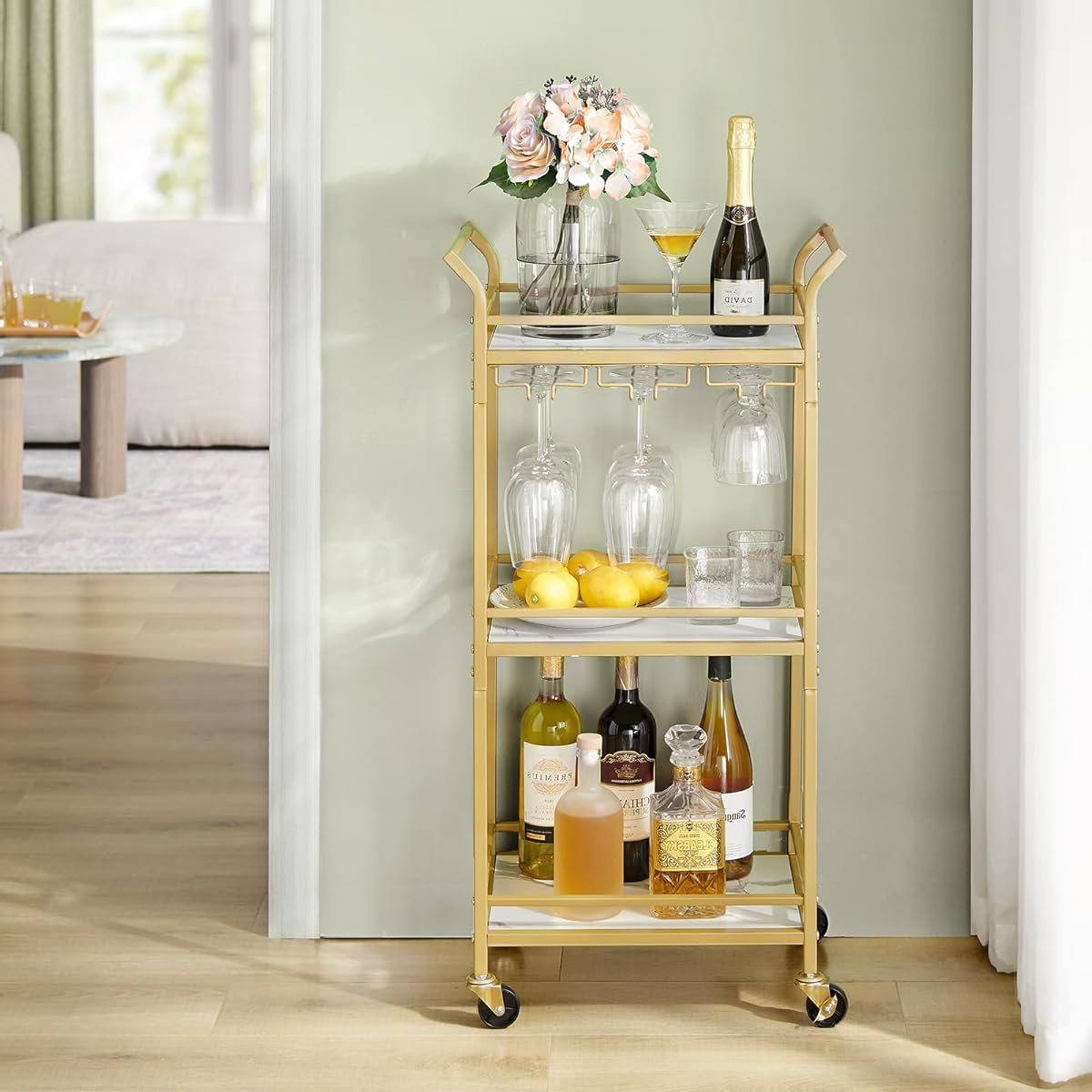 17 Stories Bar Cart, Home Bar Serving Cart, Small Bar Cart with 3-Tier ...