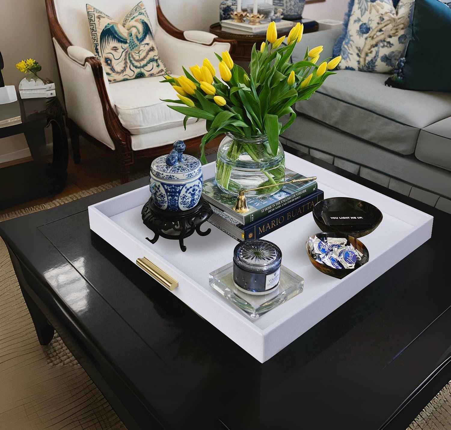 ULIMUS Extra Large Square Serving Tray, Elegant Faux Leather Ottoman ...