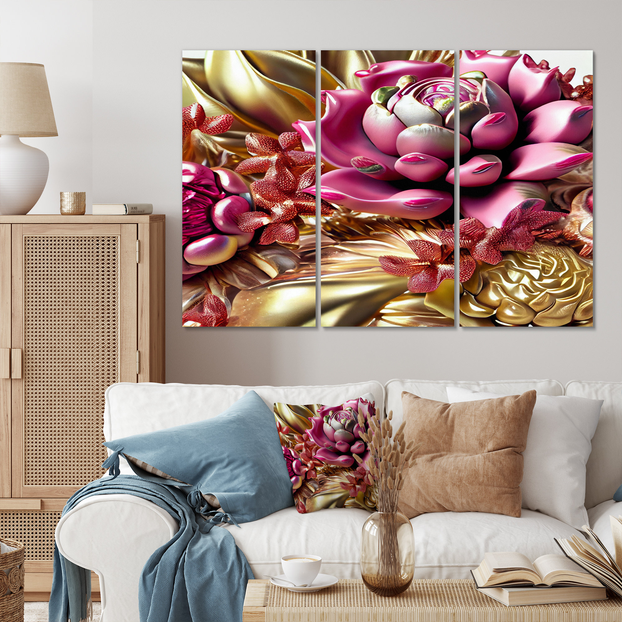 Design Art Exquisite Pink And Gold Glam Roses - Rose Wall Art Living ...