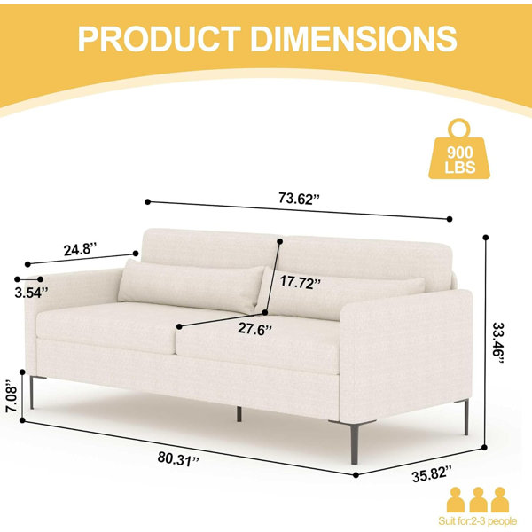 Wrought Studio™ 80 Inch Sofa Couch With Extra Deep Seats, 3 Seater Sofa ...