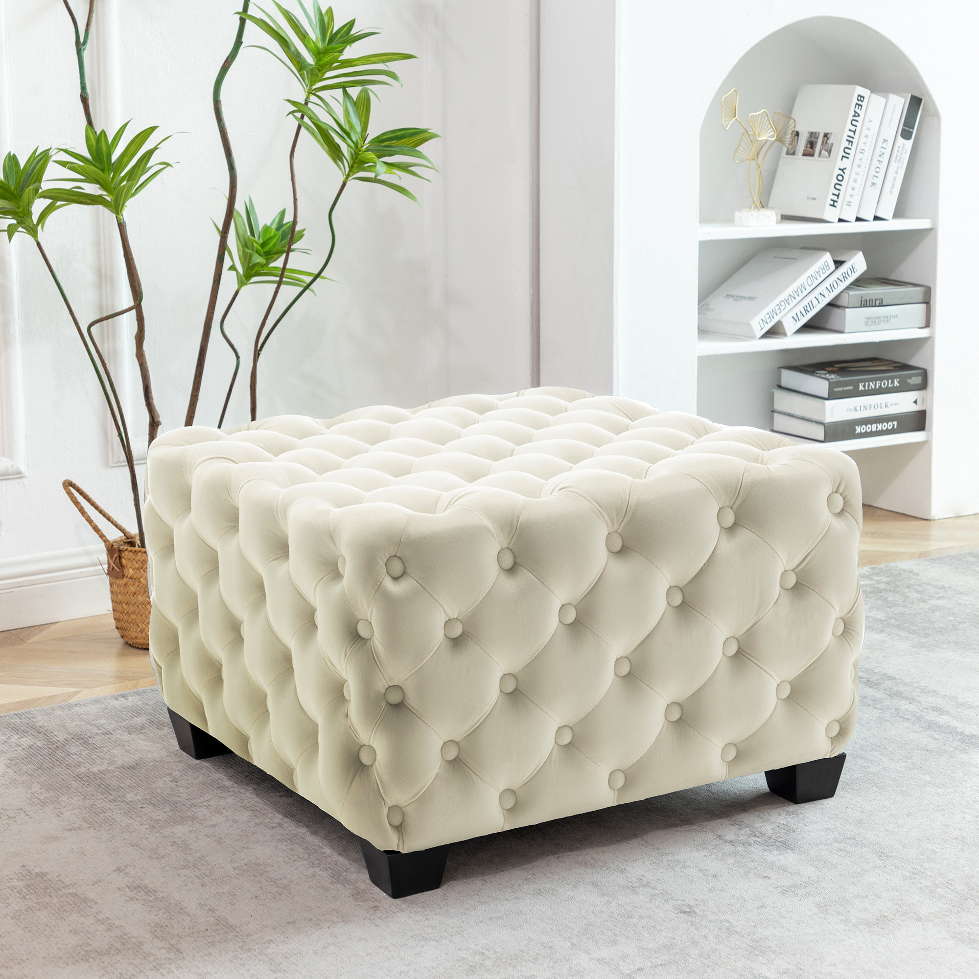 Willa Arlo™ Interiors Eligah Velvet Tufted Ottoman With Rubberwood Legs