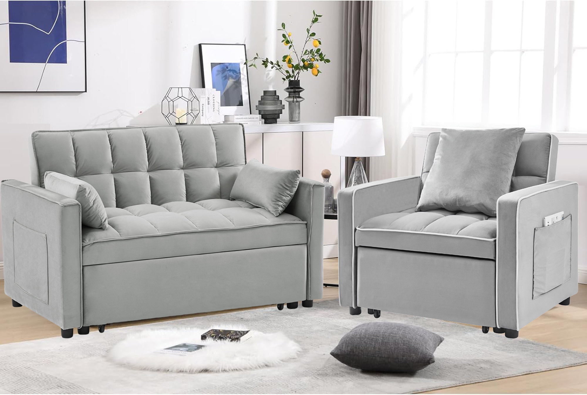 Ebern Designs 2 Pieces Sofa Bed Set For Living Room, Modern Loveseat ...