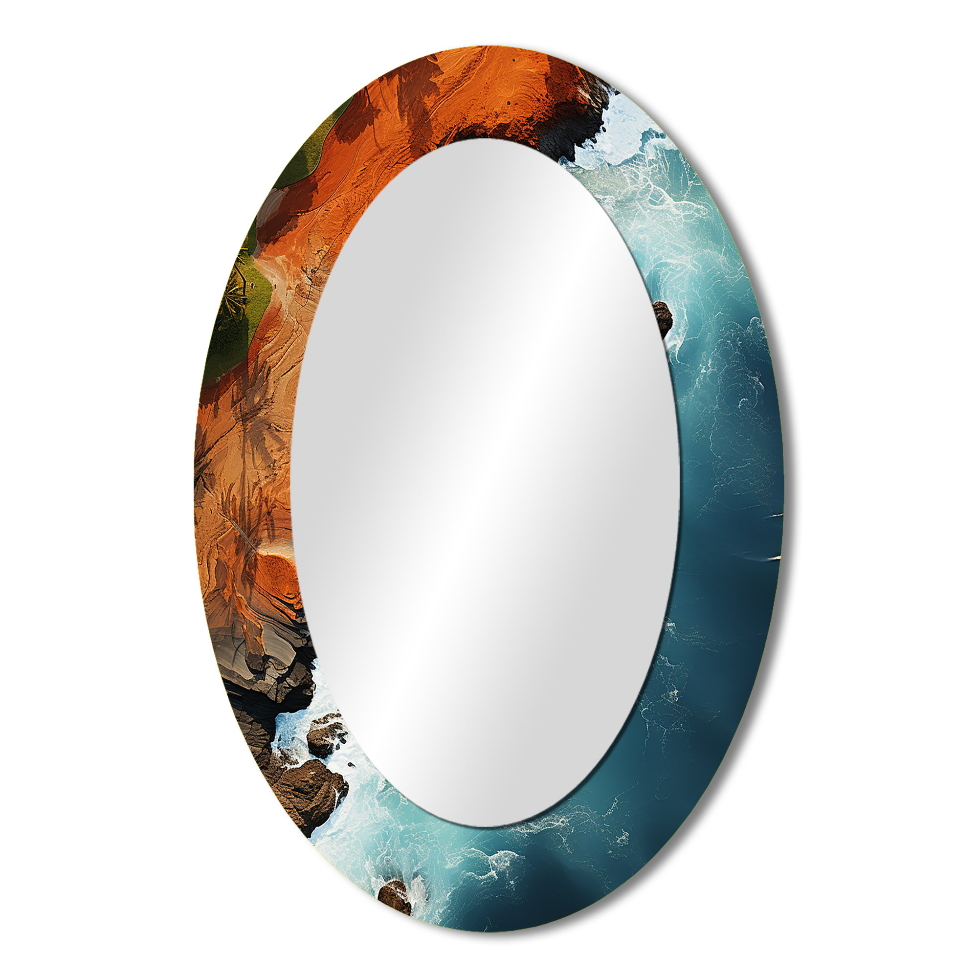 Dovecove Rocky Beach Aerial View I - Blue Coastal Oval Wall Mirror ...