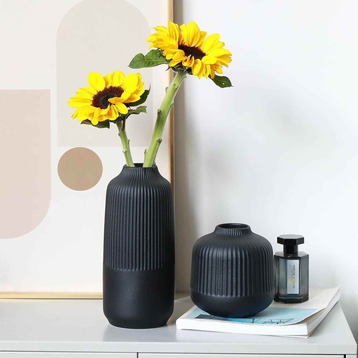 Ivy Bronx Matte Black Ceramic Vase Set Of 2, 10 Inch Ribbed Flower ...