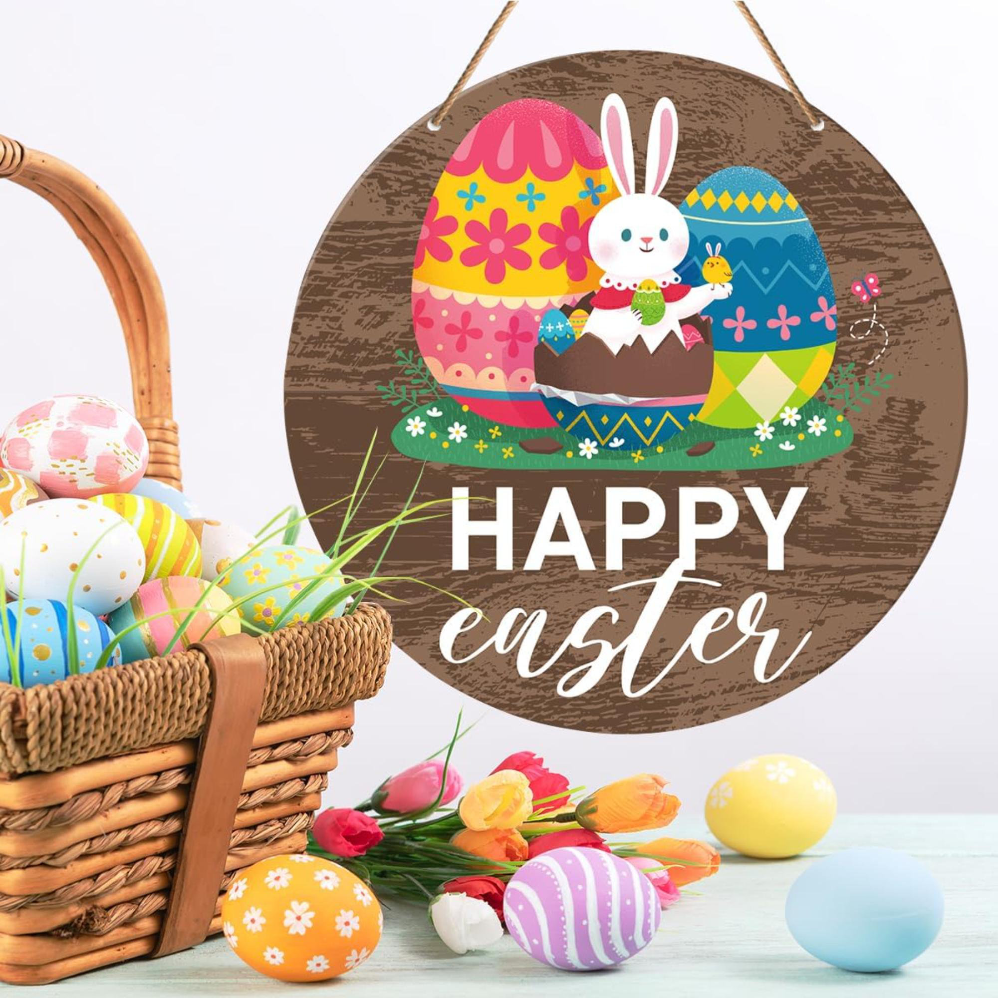 The Holiday Aisle® Easter Wooden Front Door Sign, Easter Egg Welcome ...