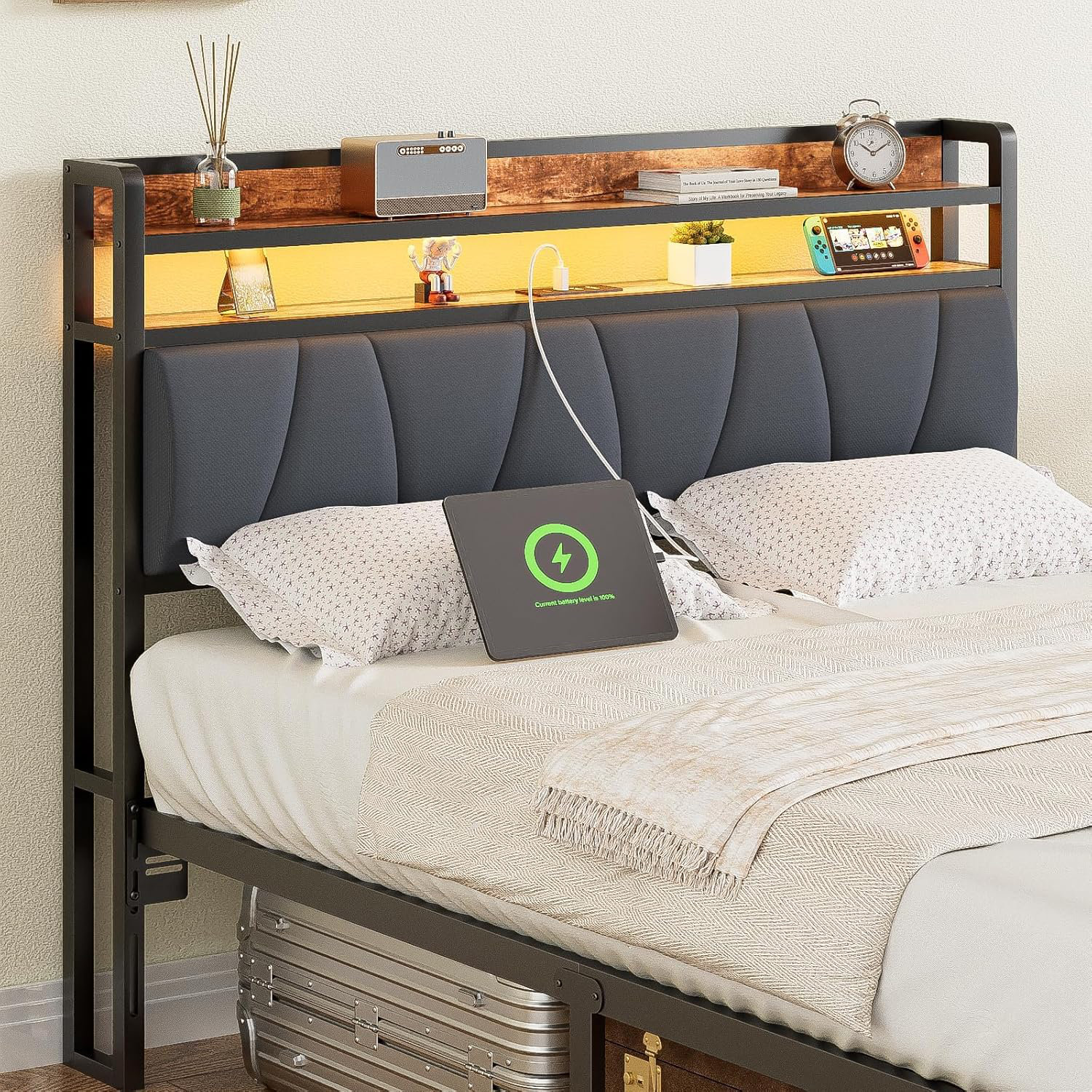 Ivy Bronx Headboard for Queen Size Bed with Storage, LED Light ...