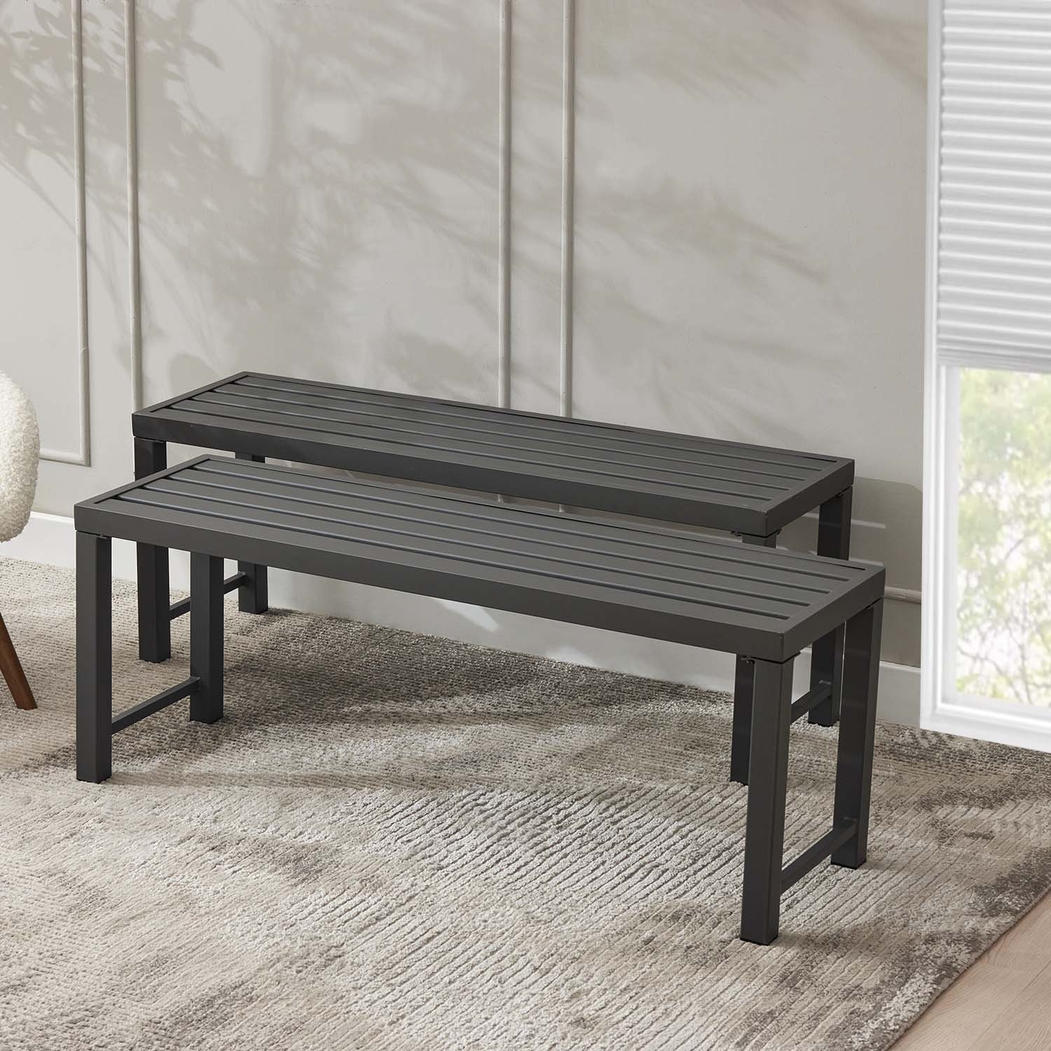 Ebern Designs Outdoor Metal Garden Bench Set of 2, Patio Backless Bench ...