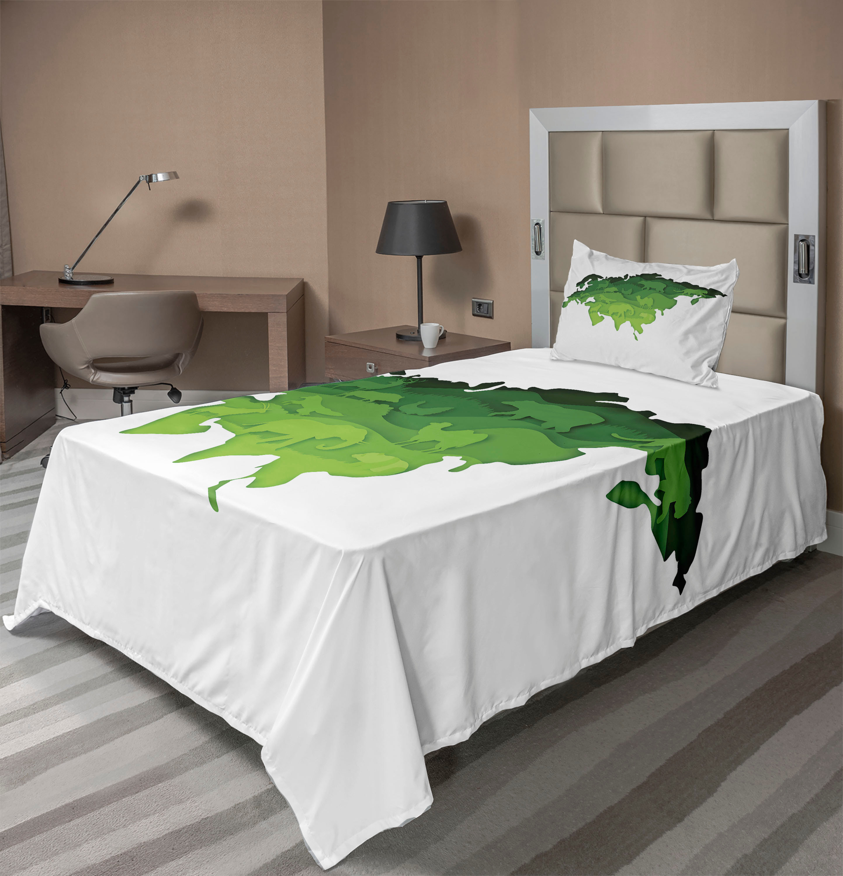 Ambesonne Wolf Sheet SetModern Mainland Eurasia Map Fern Green Emerald ...
