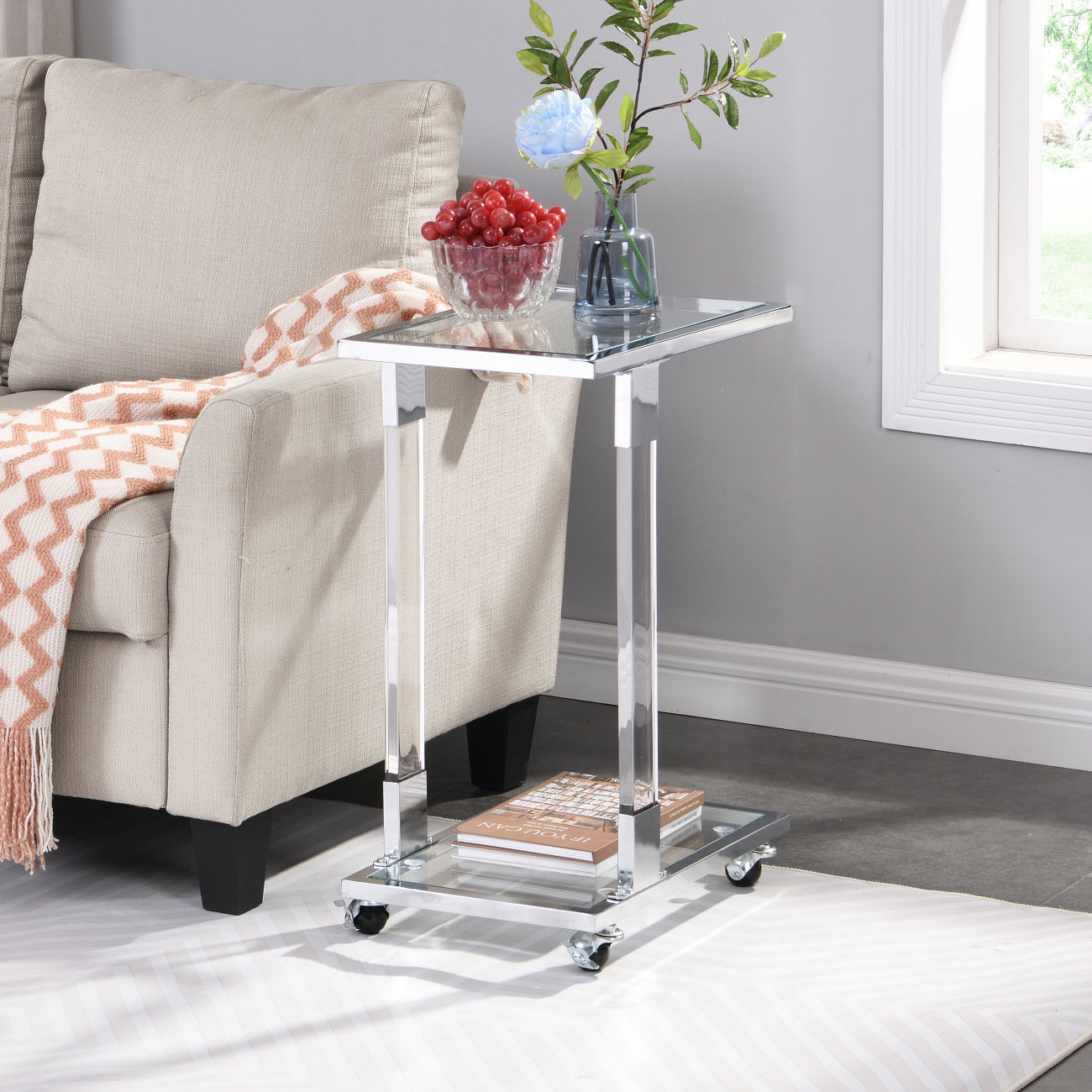 Ivy Bronx Chrome Glass Side Table, Acrylic End Table, Glass Top C Shape ...