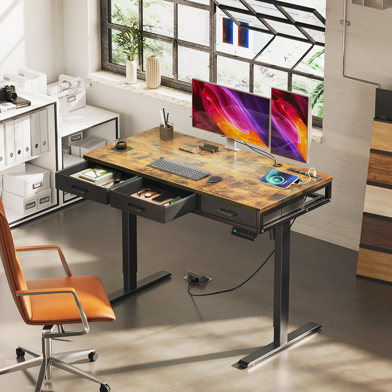Inbox Zero Electric Standing Desk With 3-tier Spacious Fabric Drawers ...