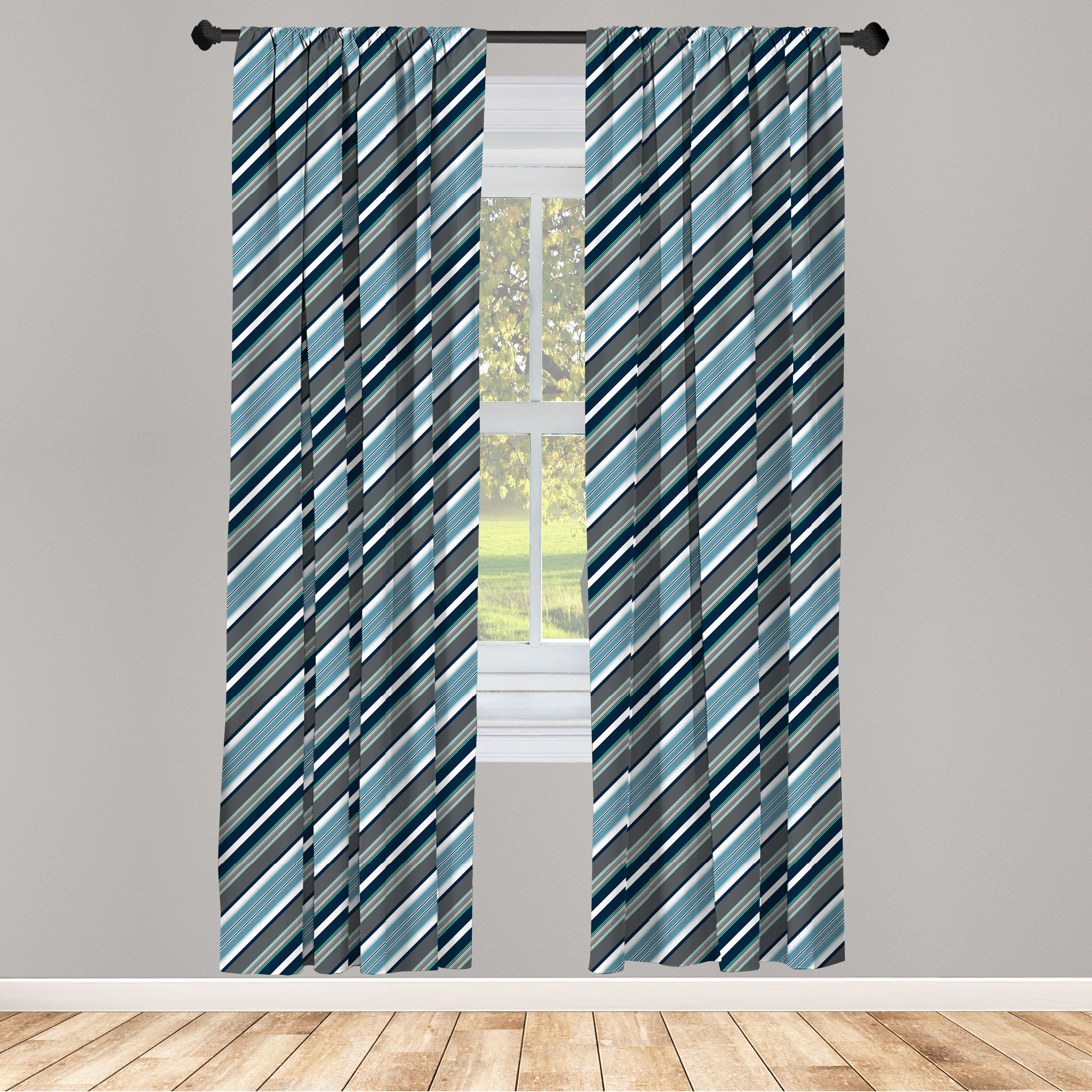 East Urban Home Striped 4-Panel Curtains, Grey and Blue Diagonal, White ...