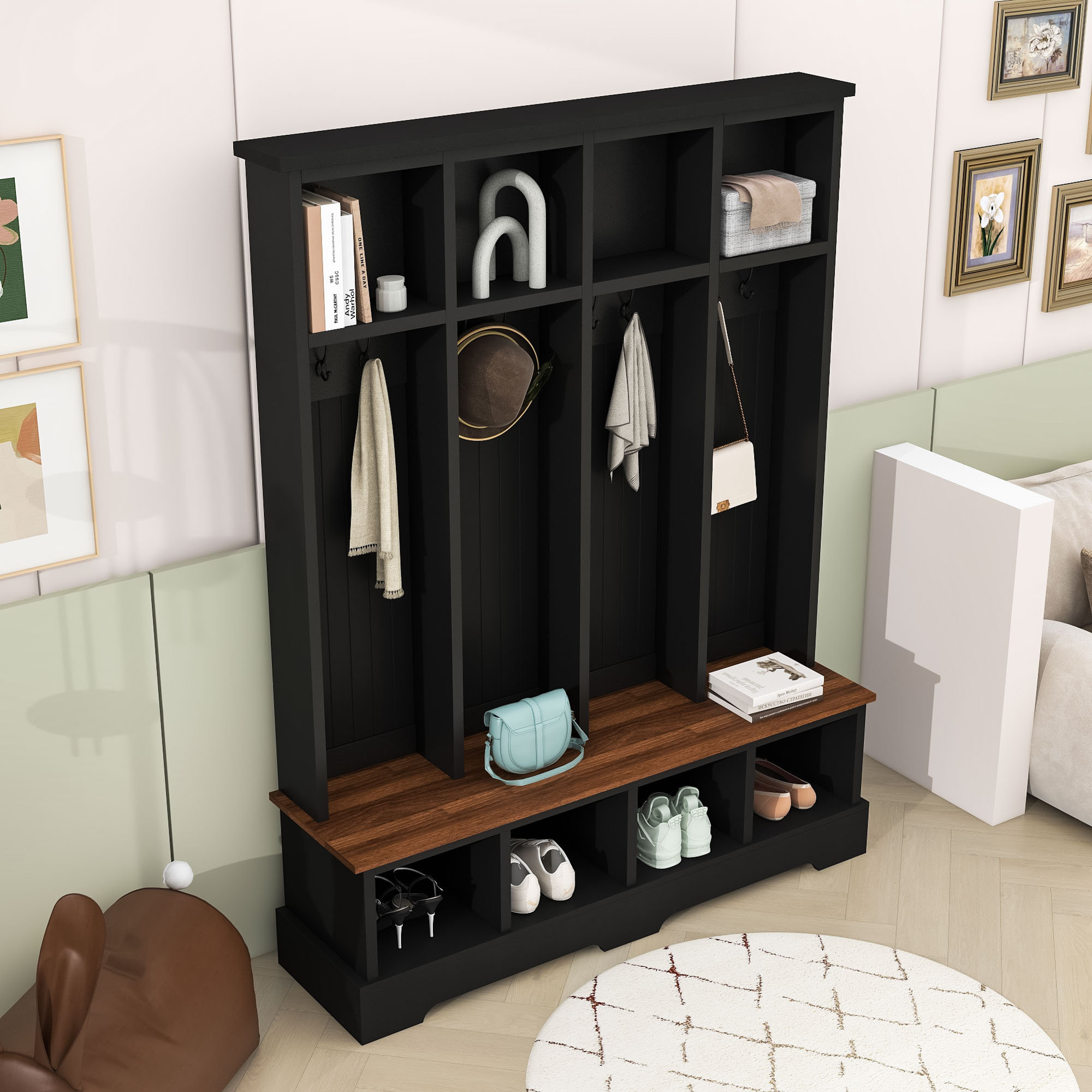 Lark Manor™ Wide Hall Tree with Open Shelves, Hooks and Entryway Bench ...