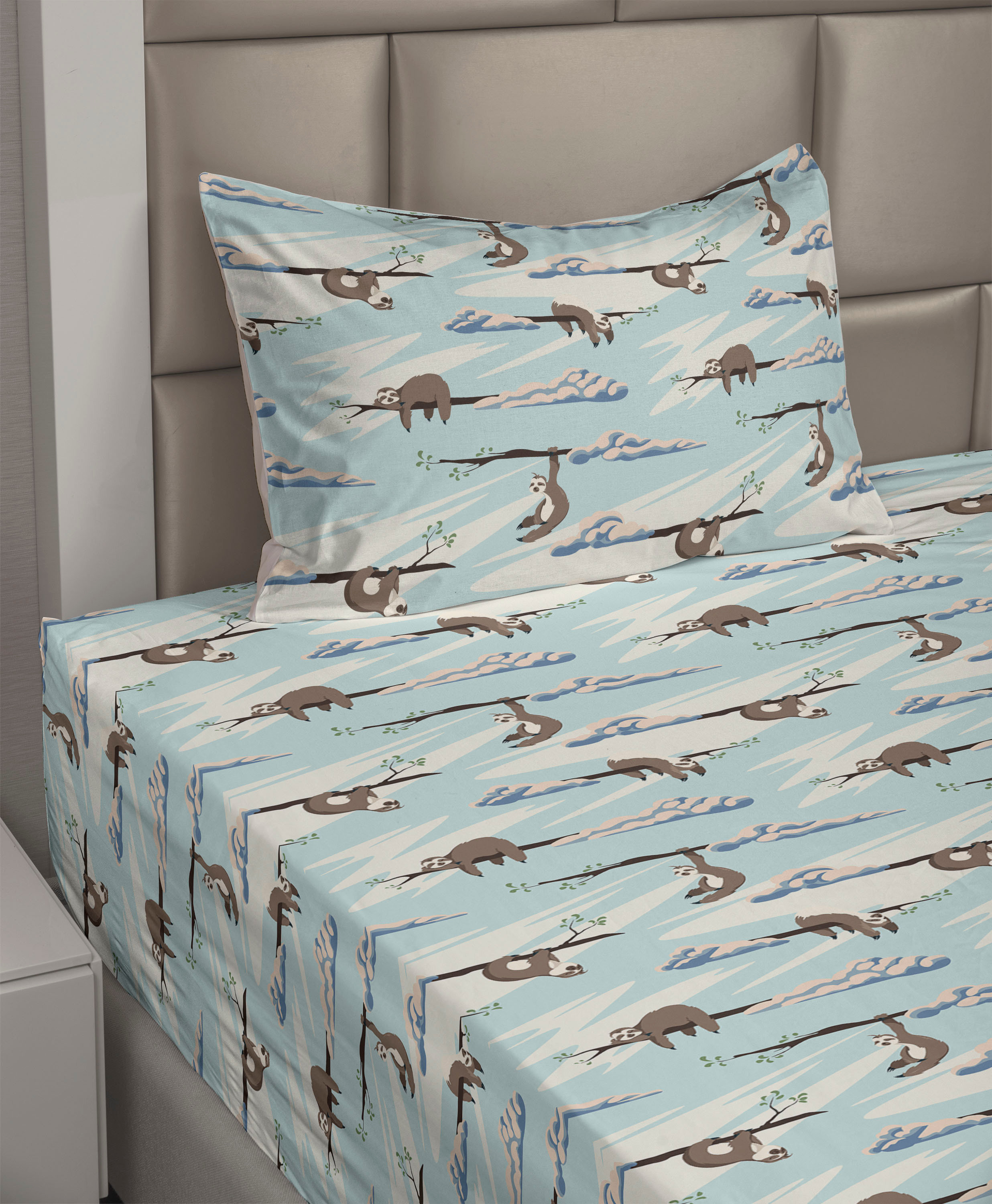 Ambesonne Animal Print Sheet Set Funny Sloths Clouds Soft Blue Cocoa ...