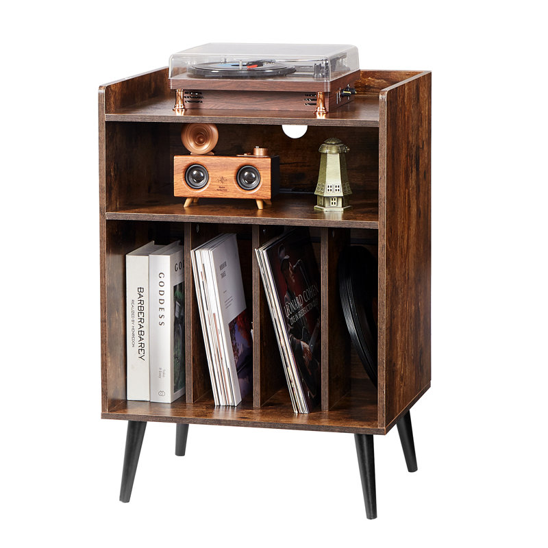 17 Stories 3-Tier Record Player with LED Light & USB Ports Wooden Vinyl ...