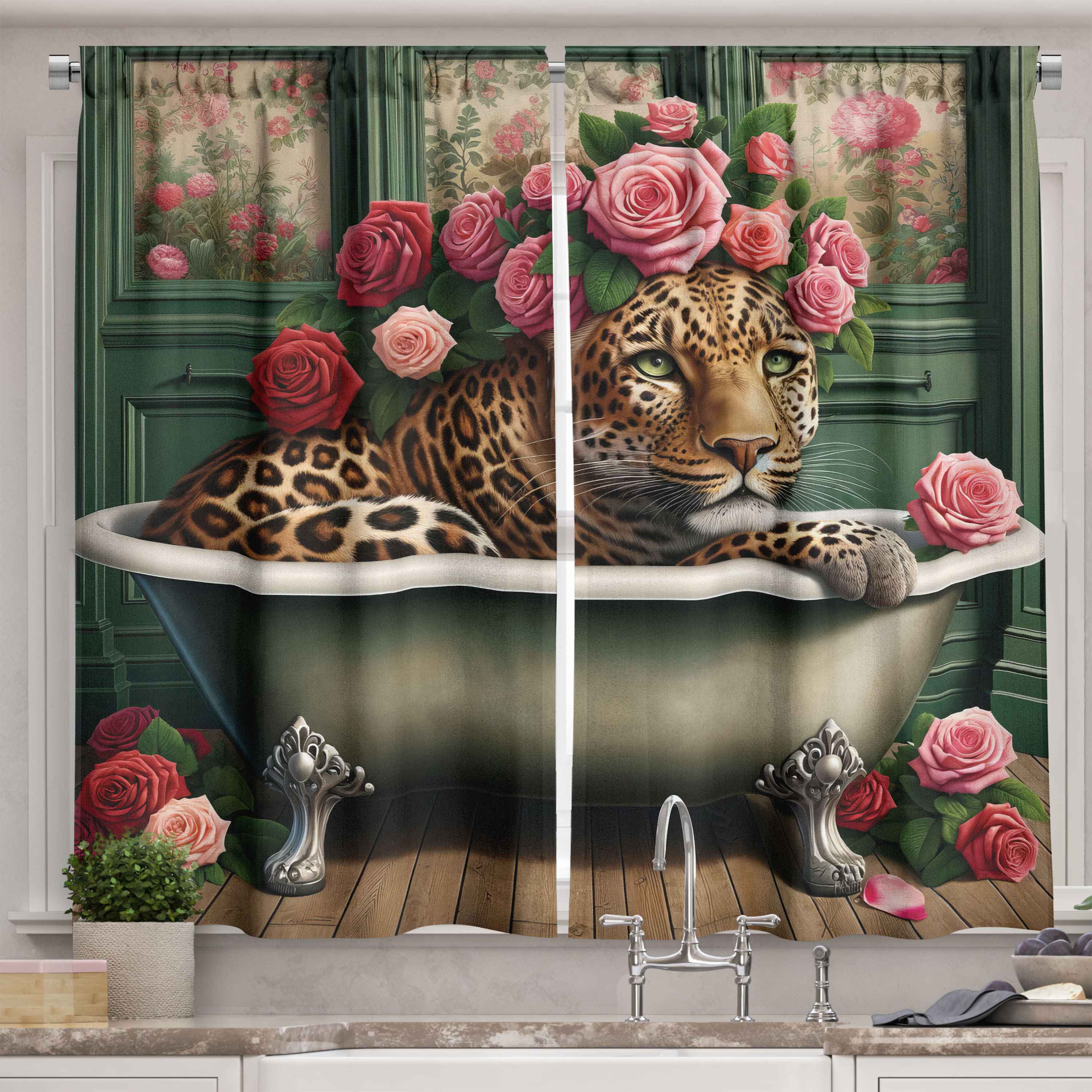 Ambesonne Leopard Kitchen Curtain English Roses Wild Animal Reseda ...
