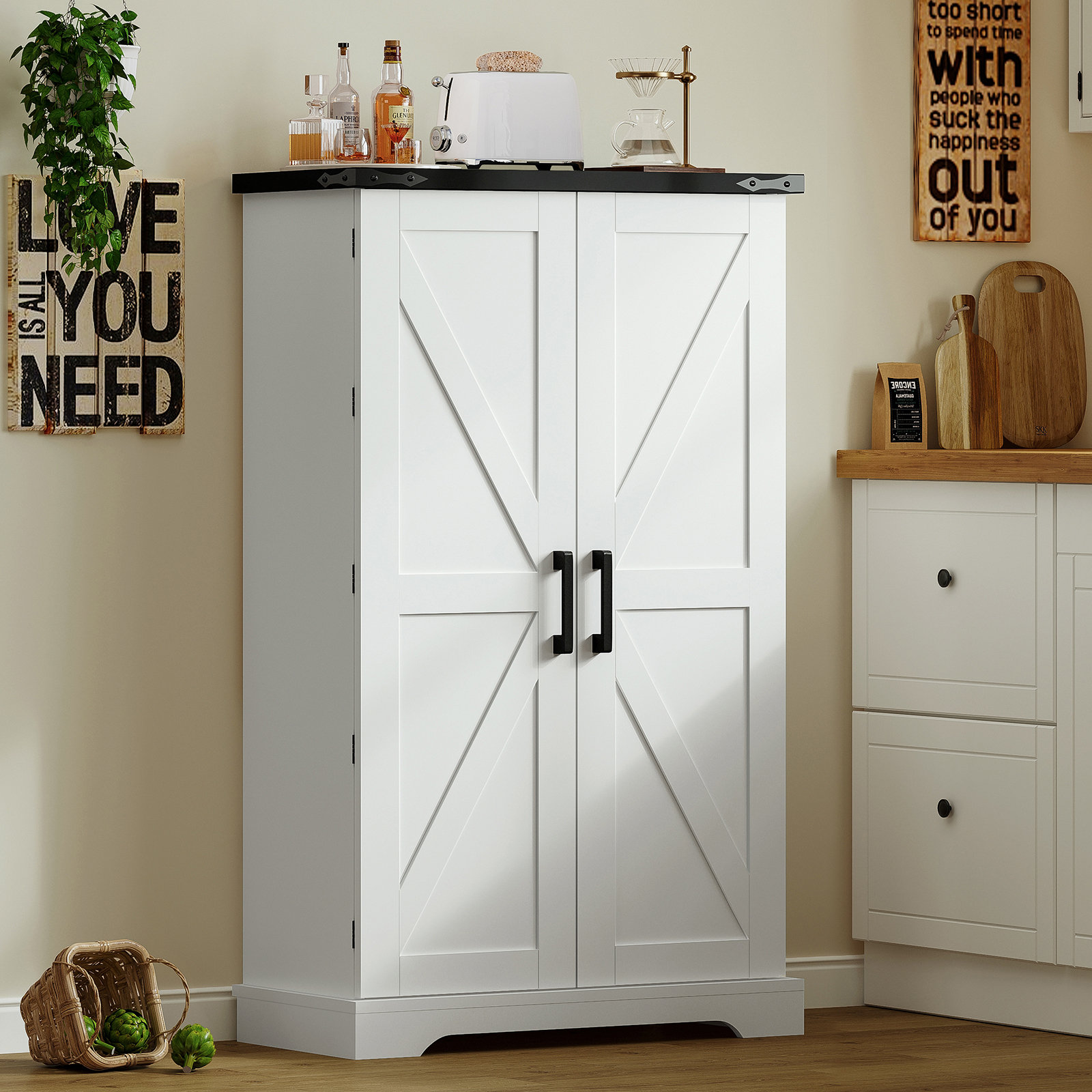 August Grove® 44" Kitchen Pantry, Farmhouse Storage Cabinet With Barn ...