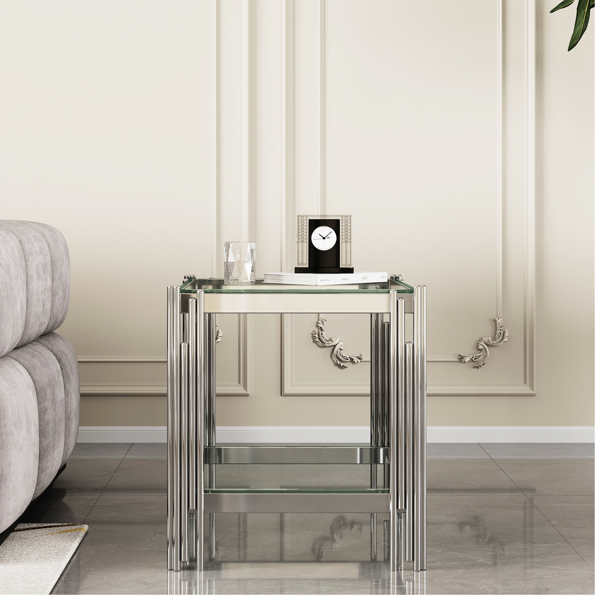 Brayden Studio® Silver Frame End Table With Tempered Glass Top And Two ...