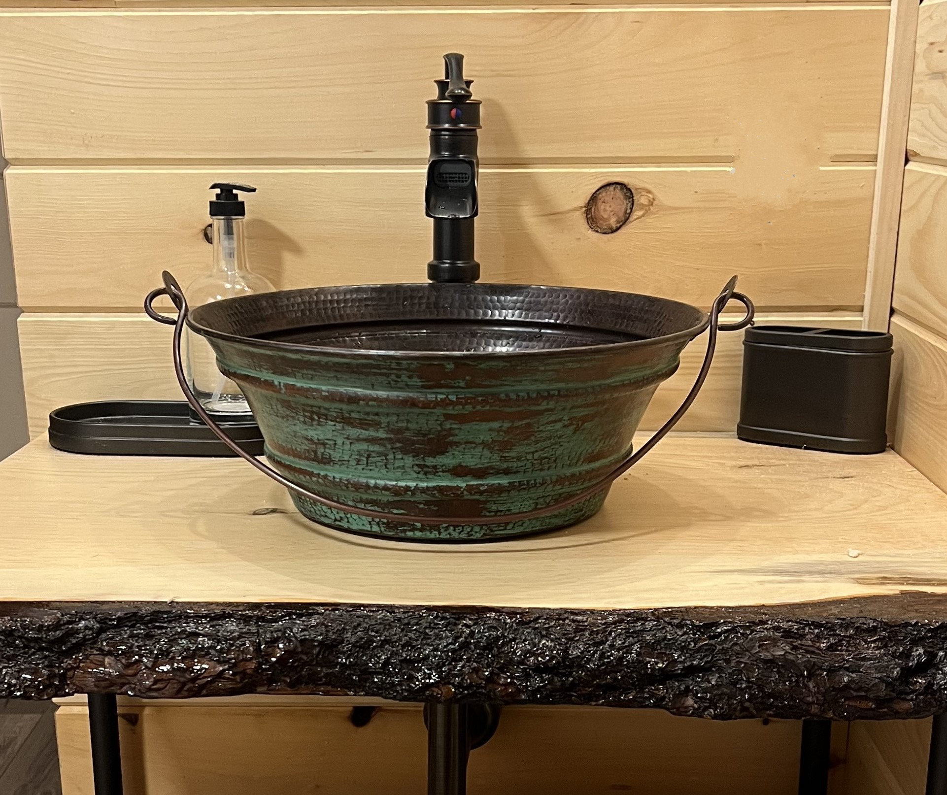 SimplyCopper 15" Round Copper Vessel Bucket Sink with Green Patina ...