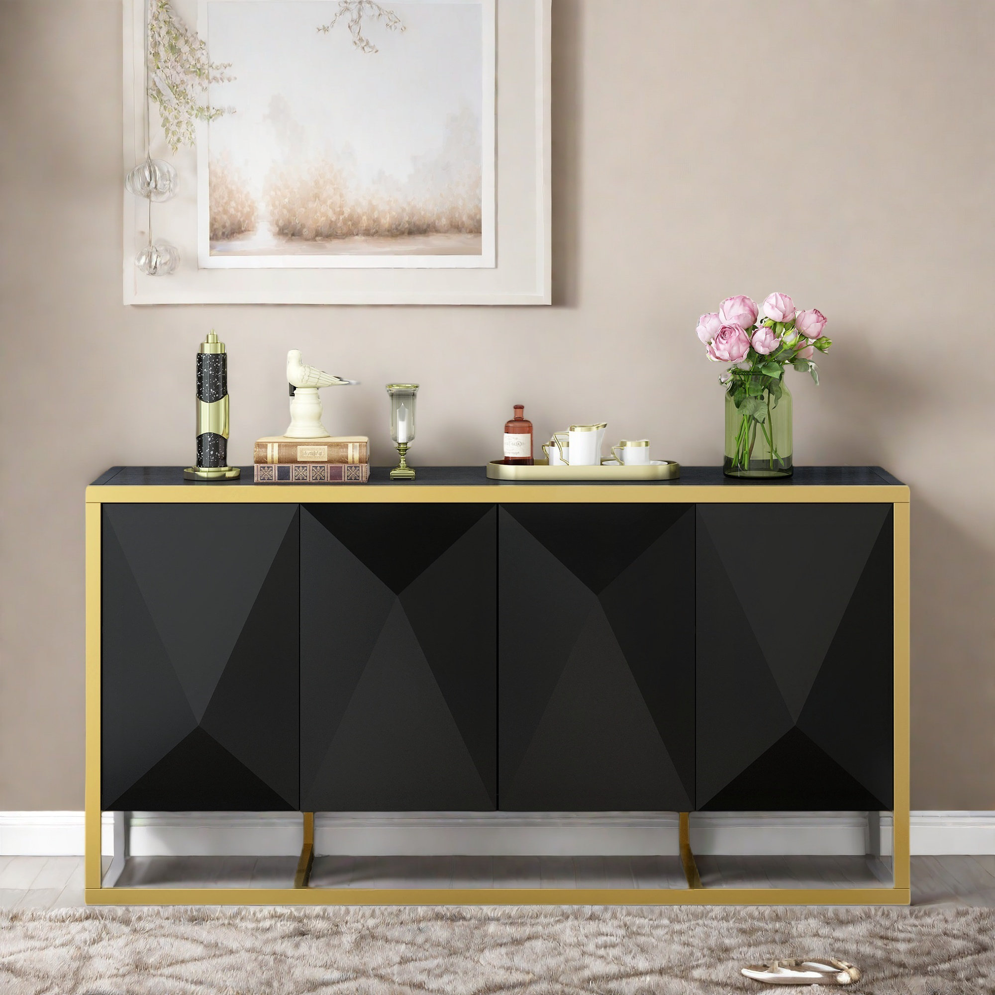 Mercer41 Sophisticated Sideboard With Embossed Texture, Round Handles ...