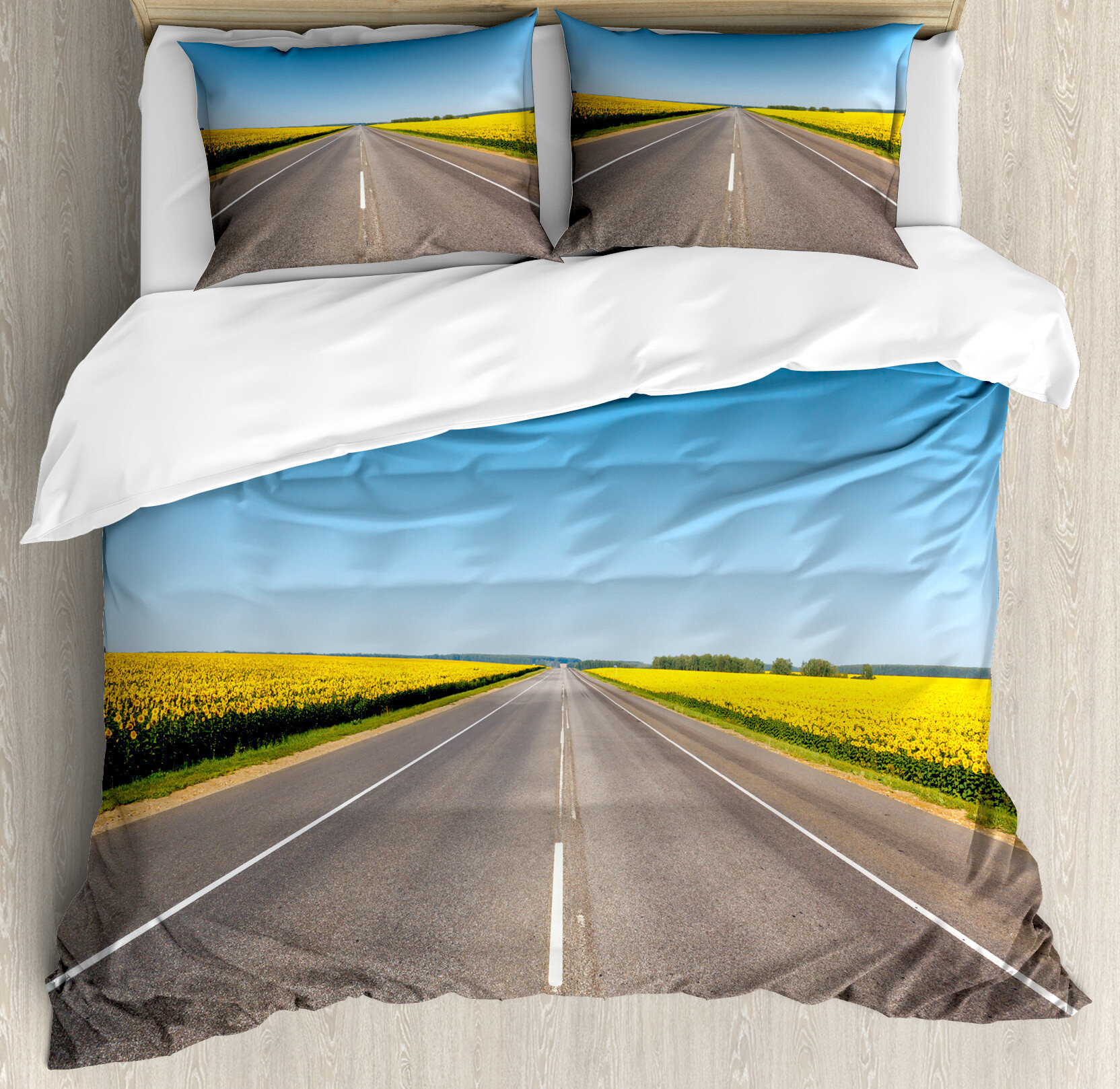 Ambesonne Yellow and Blue Duvet Cover Set, Sunflowers Road, Grey Sky ...