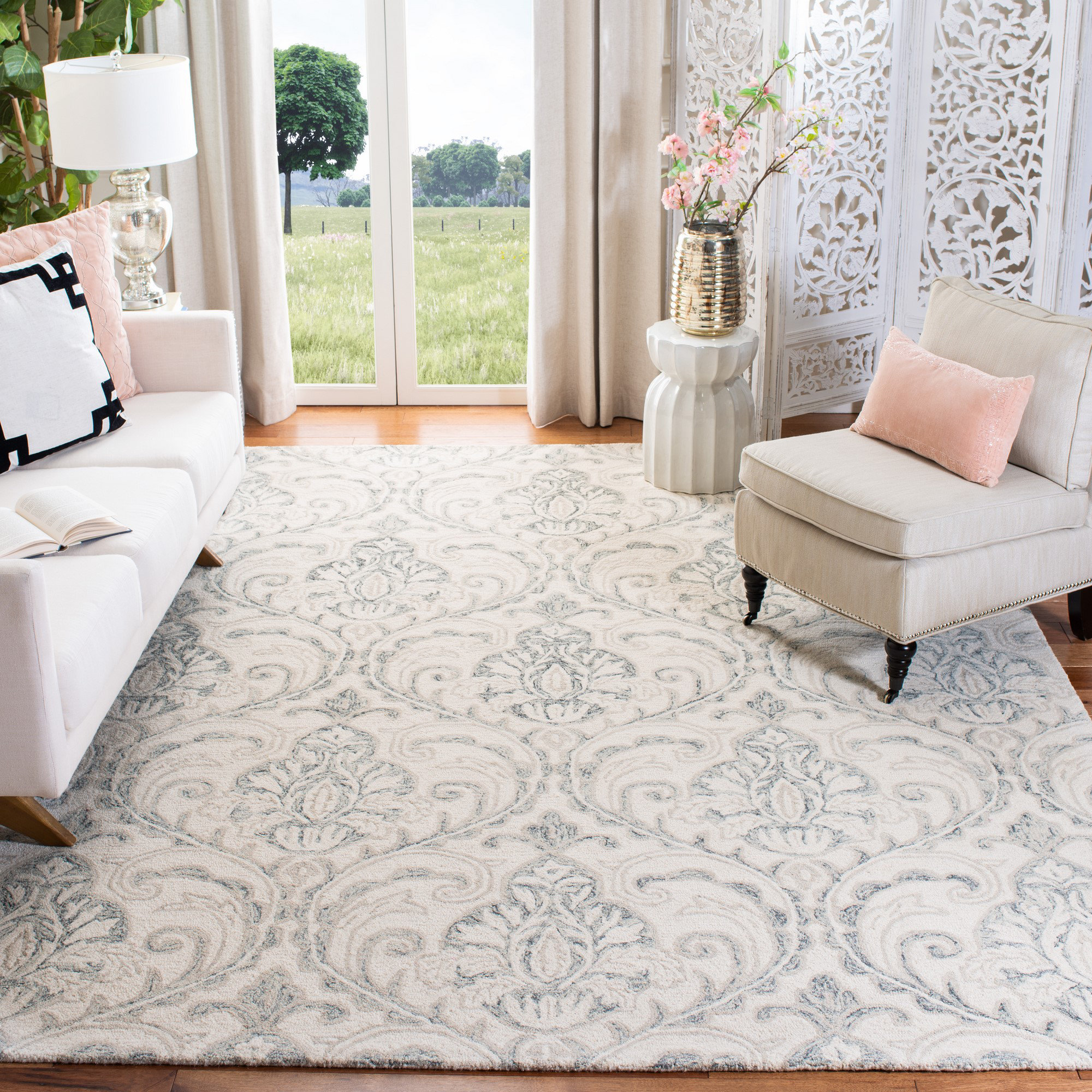 House of Hampton Hitchens Ikat Handmade Tufted Wool Gray/Navy Area Rug ...